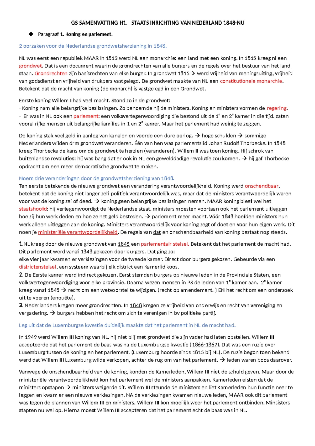 Staatsinrichting van Nederland: Grondwet en Politieke Veranderingen H1 ...