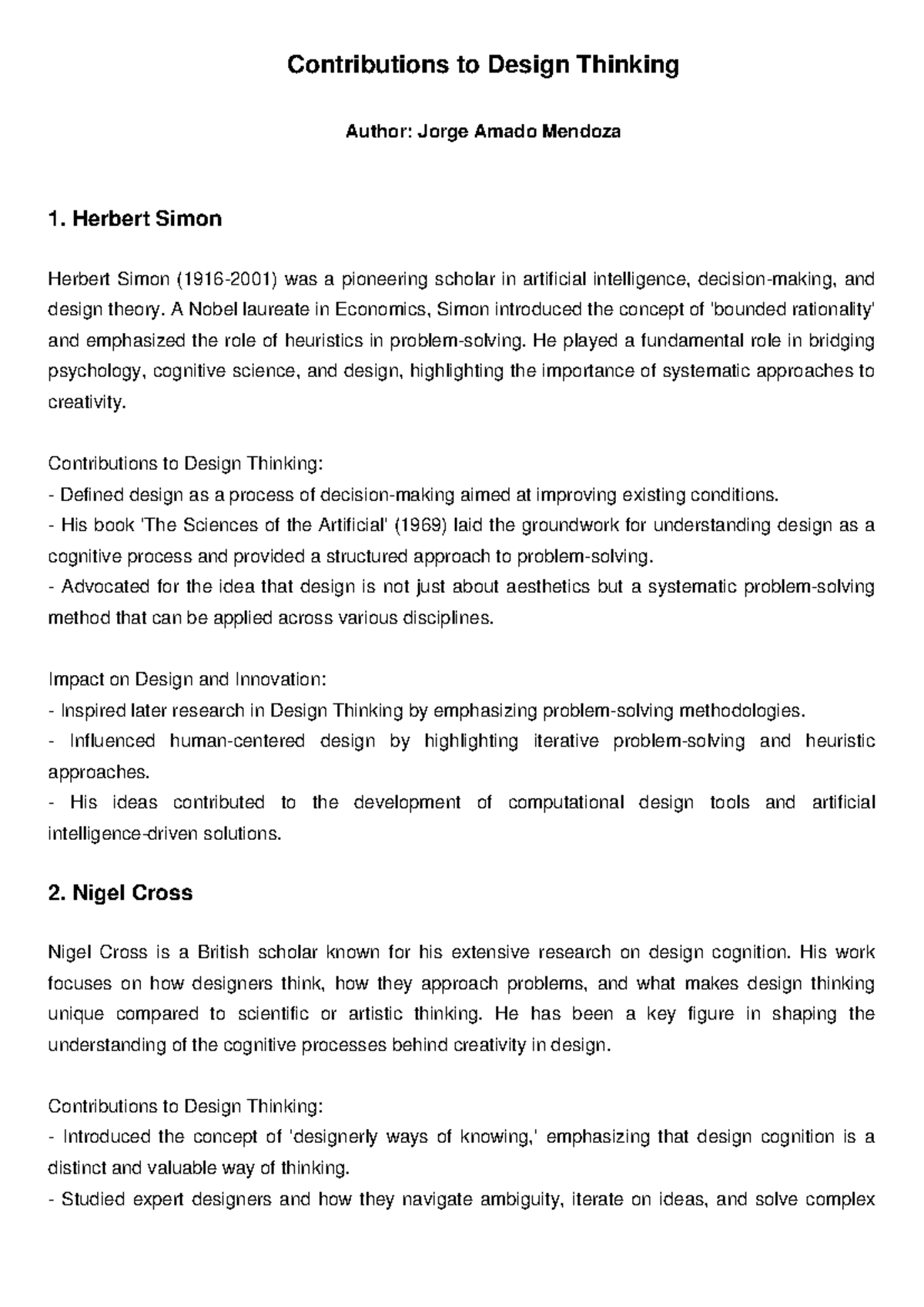 Design Thinking Report: Contributions by Simon, Cross, Kelley, and ...