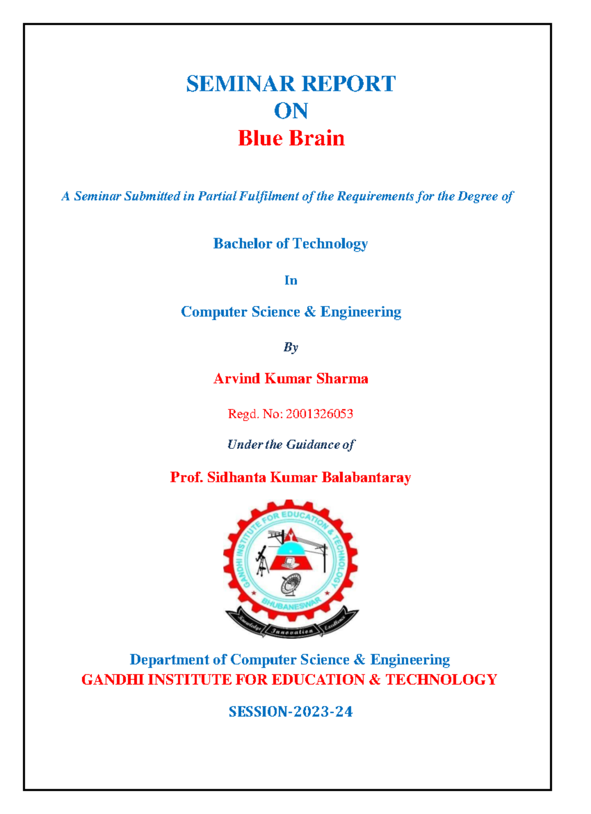 Seminar Report on Blue Brain Project - B.Tech CSE 2023-24 - Studocu