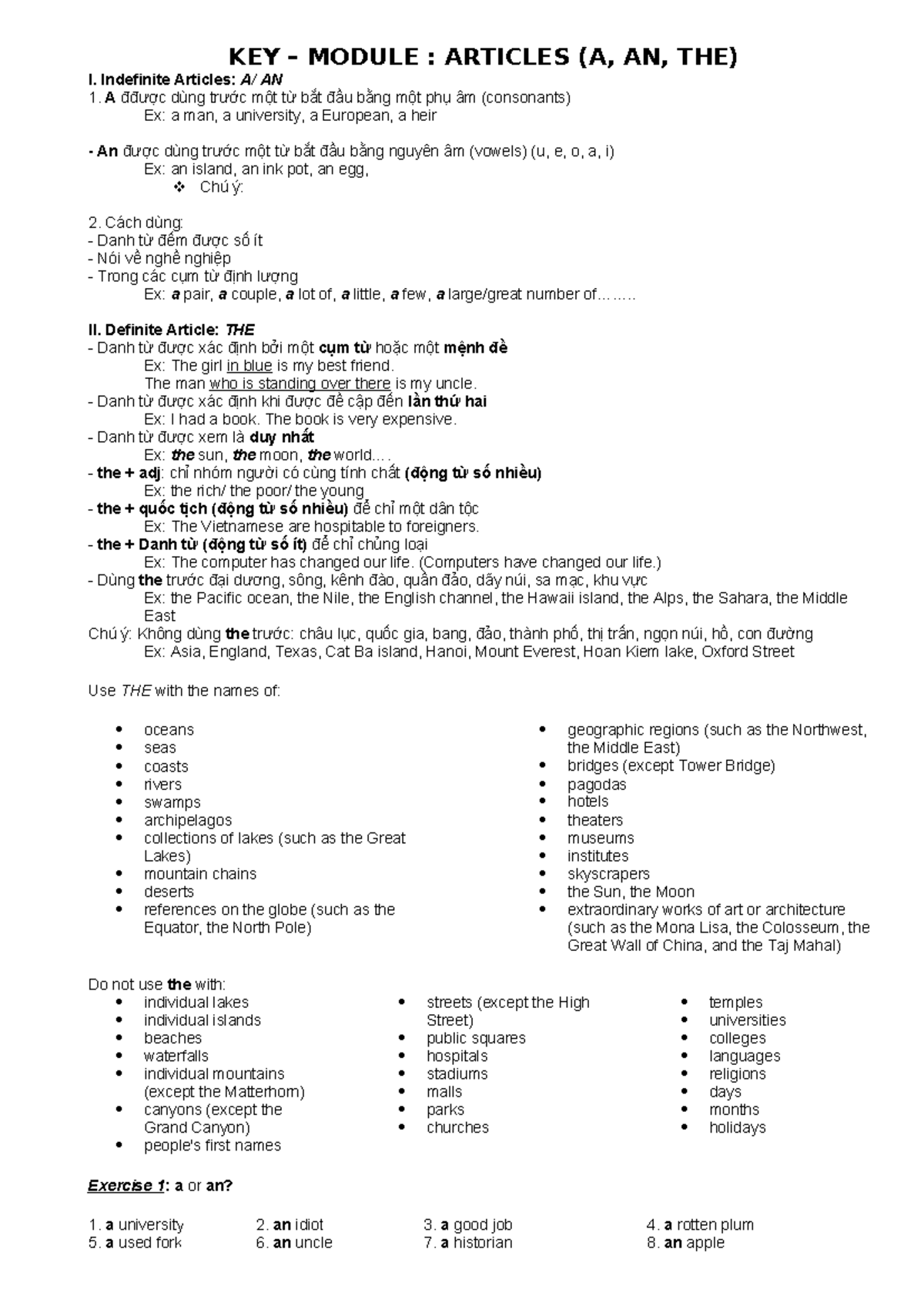 KEY - articles - practise grammatical points - KEY – MODULE : ARTICLES ...