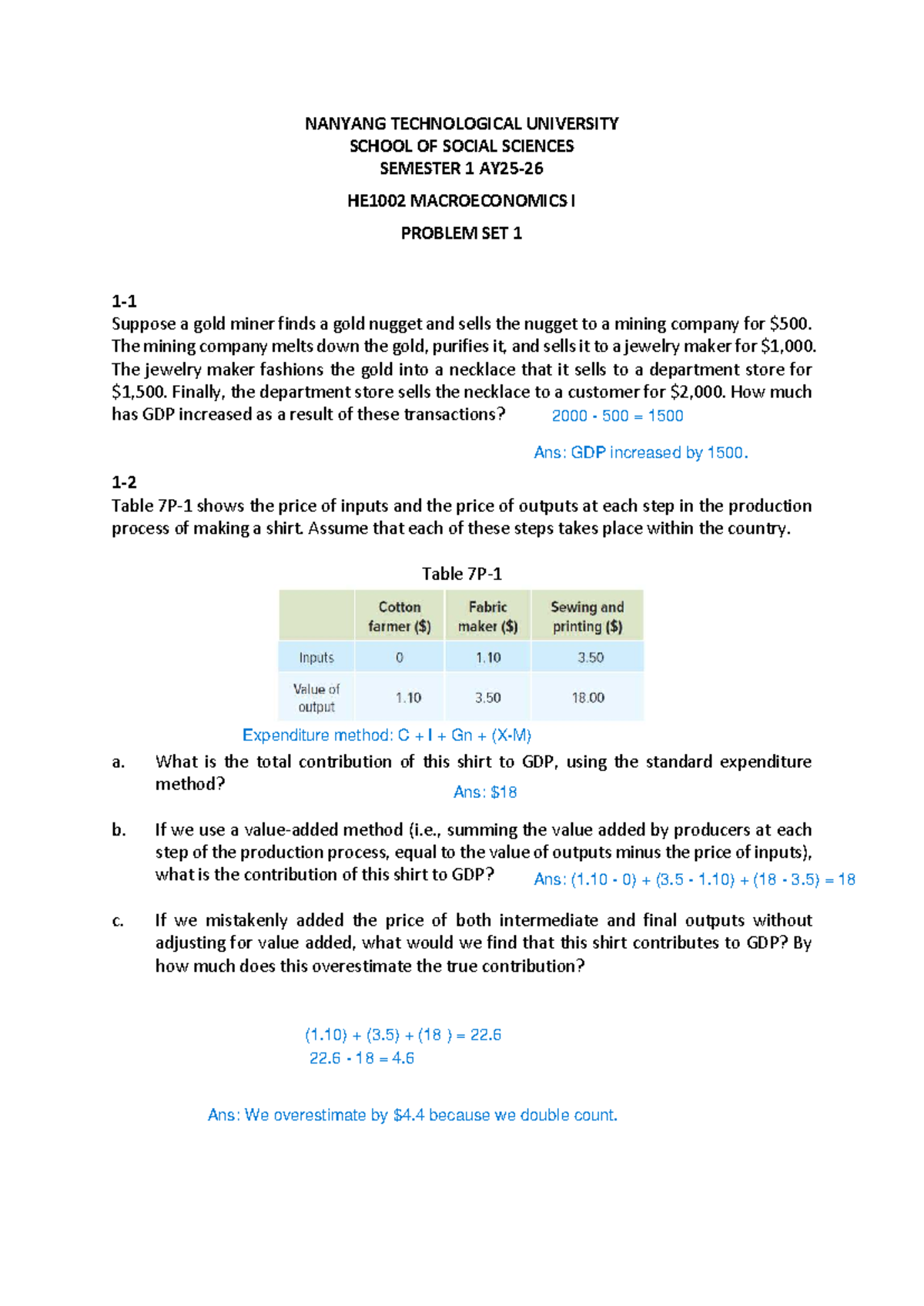 HE1002 Macroeconomics I - Problem Set 1 Analysis and Solutions - Studocu