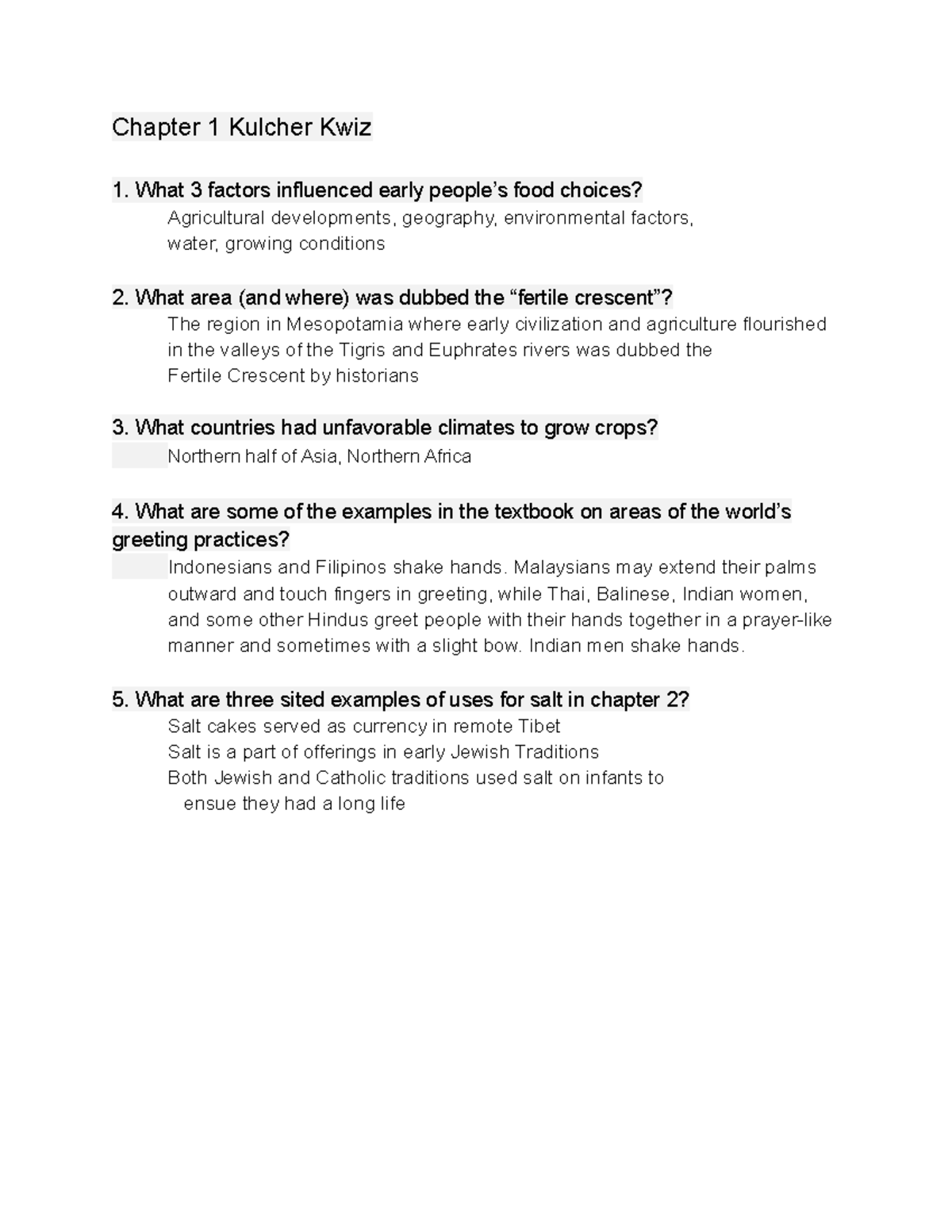 Chapter 1 Kulcher Kwiz - Weekly textbook homework - Chapter 1 Kulcher ...