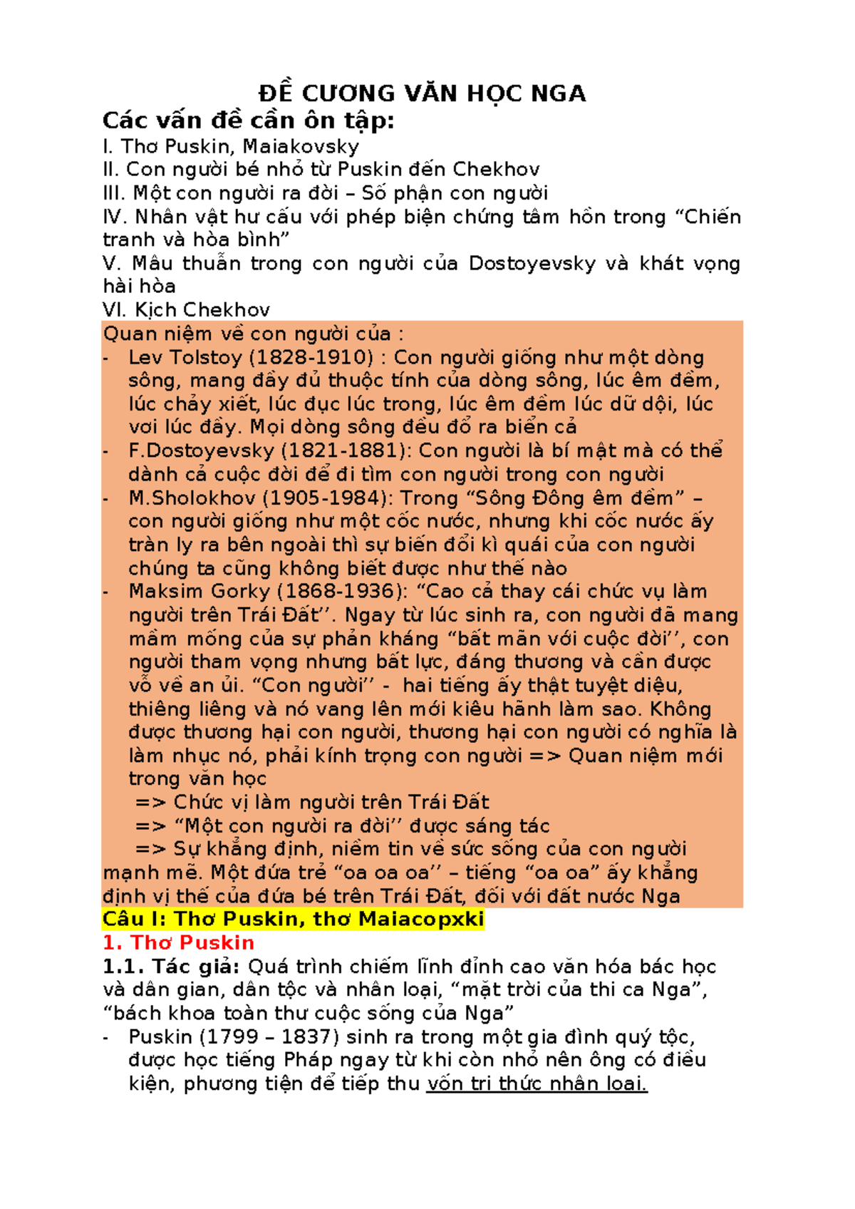 Đề cương ôn tập Văn học Nga (VH Nga) - Chương trình chính khóa - Studocu