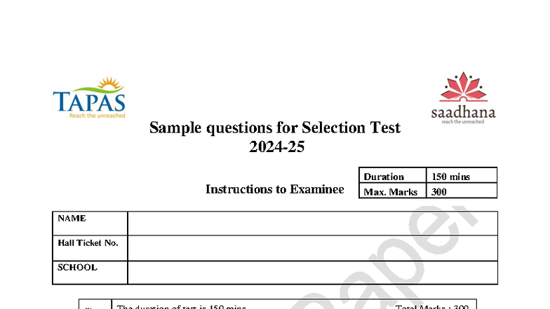 Tapas Model Question Paper 2024-25: Selection Test Sample Questions ...