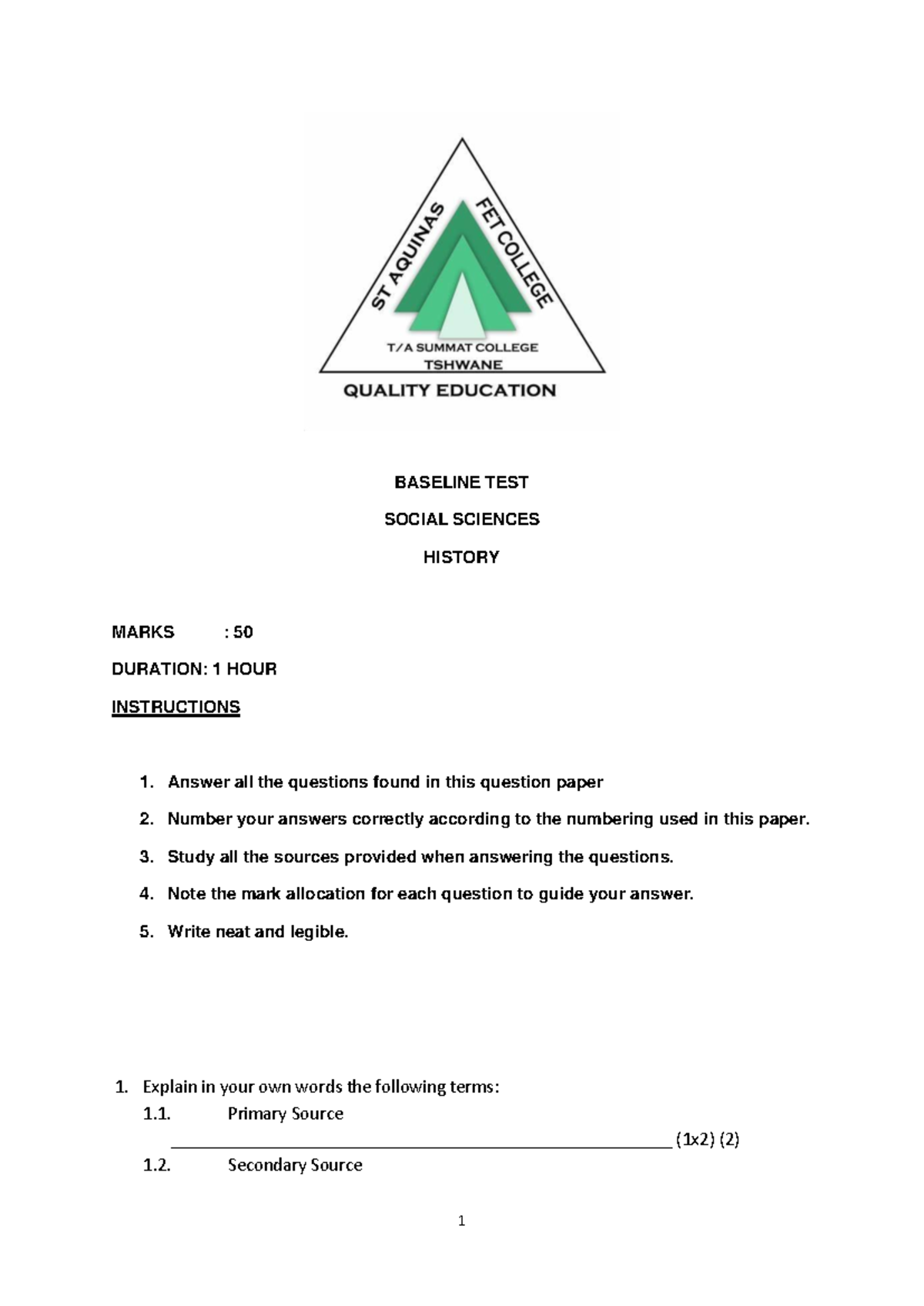 Grade 8 History Term 1 Baseline Test: Social Sciences Assessment - Studocu