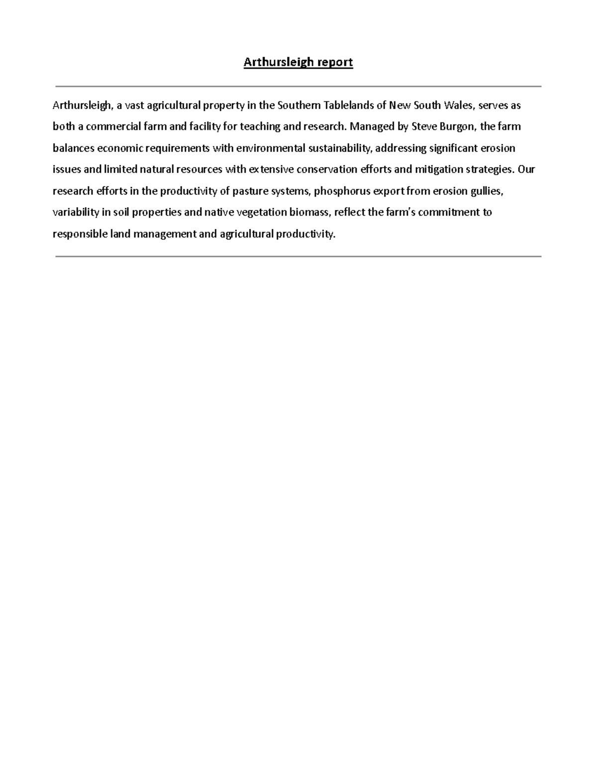 Arthursleigh Report: Insights on Agricultural Practices and Soil ...