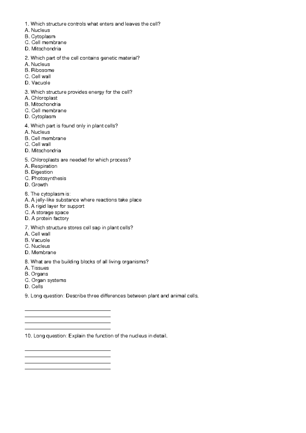 Year 7 Cell Biology Worksheet: Key Questions & Concepts - Studocu