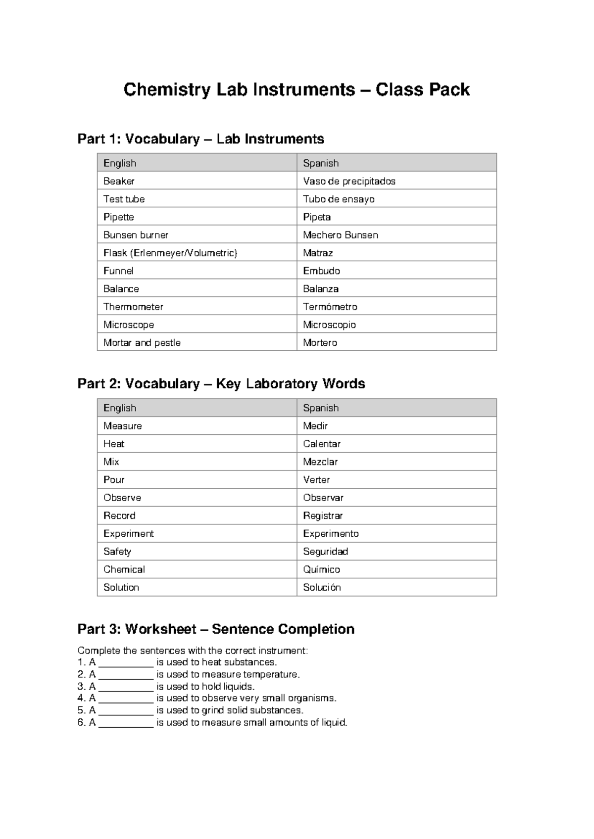 Chemistry Lab Instruments Class Pack: Vocabulary & Worksheet - Studocu