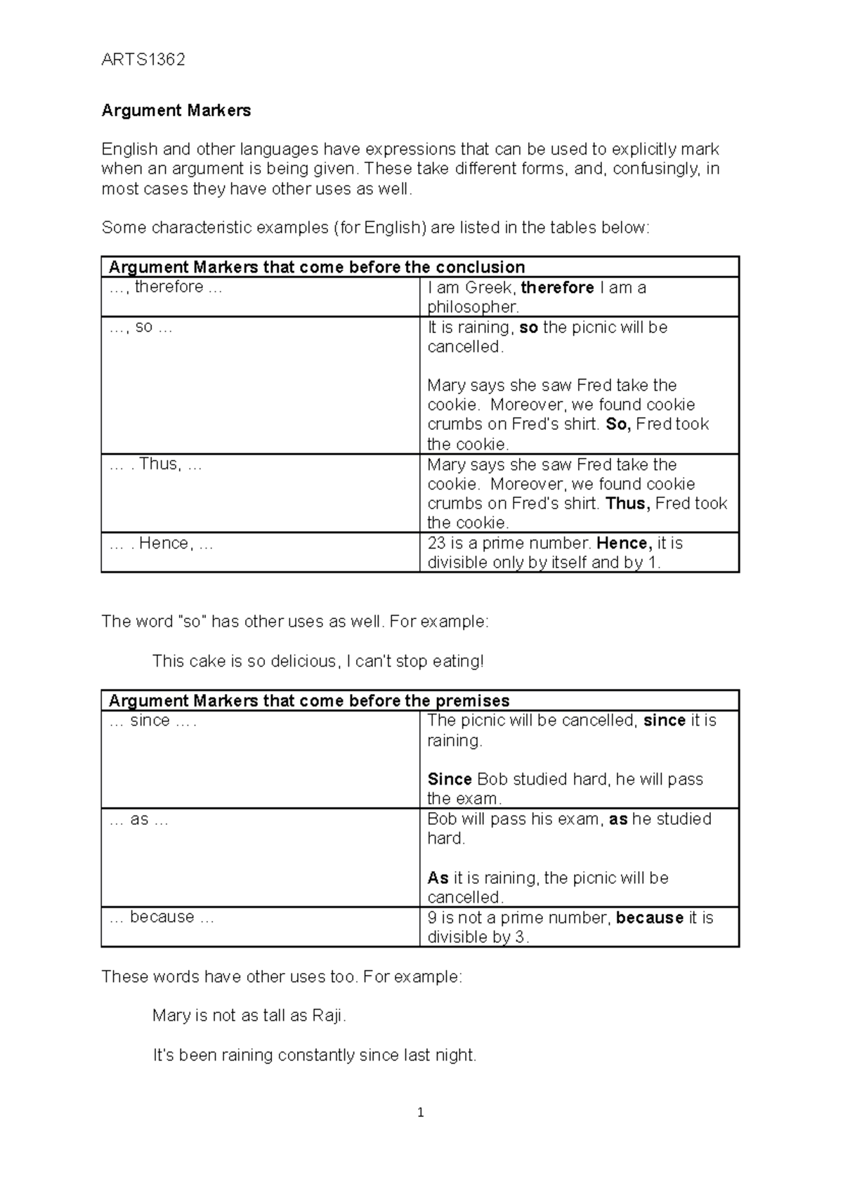 1. List of argument markers - ARTS13 62 1 Argument Markers English and ...
