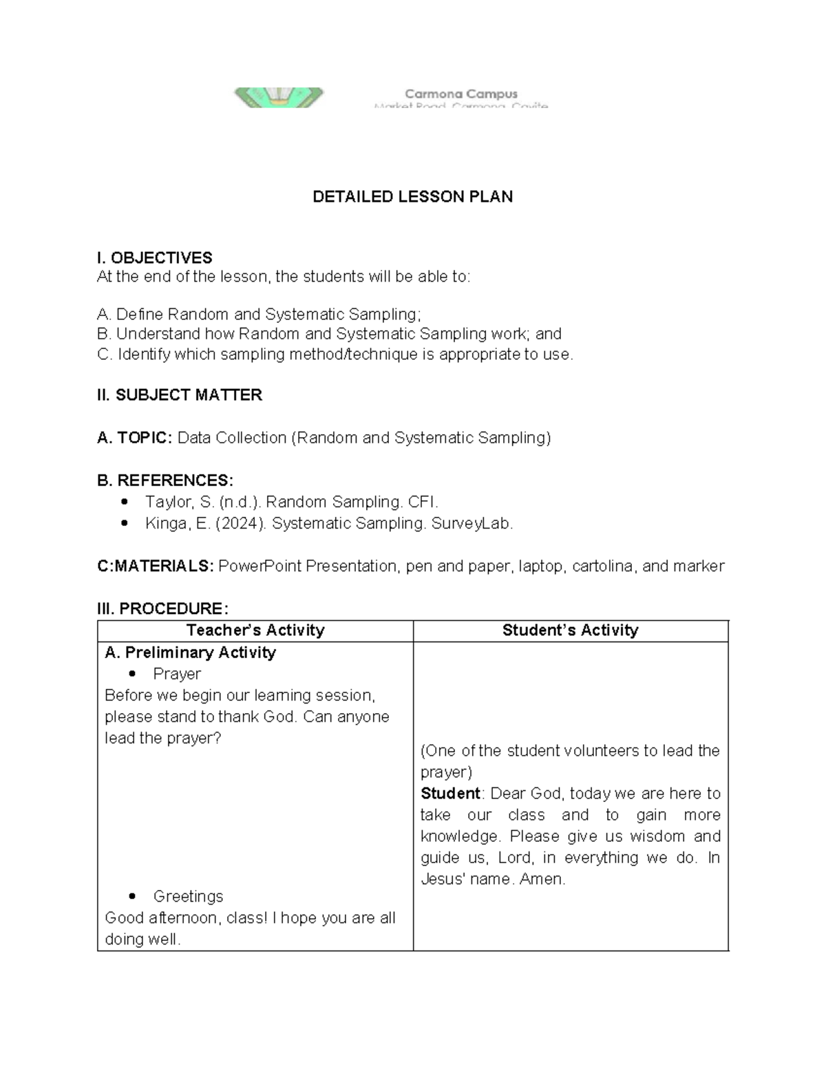 Lesson Plan on Random and Systematic Sampling Techniques (EDU 101 ...