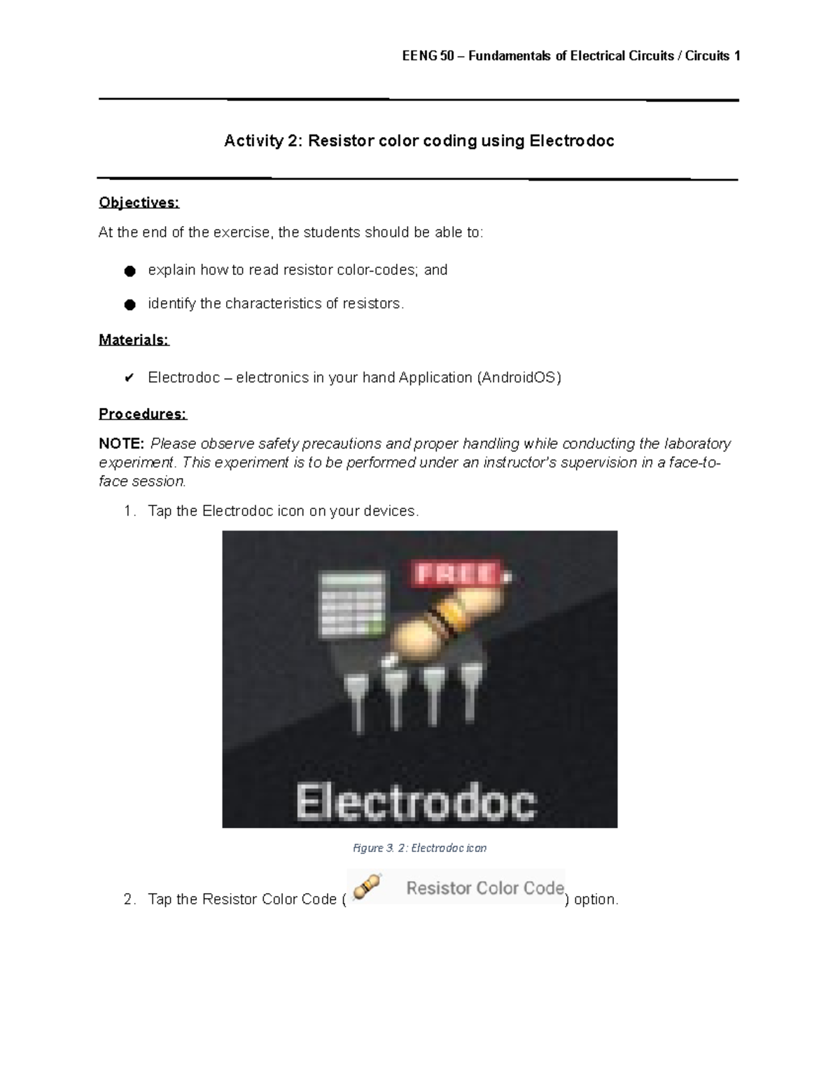 EENG50 - Lab Activity 2: Resistor Color Coding with Electrodoc - Studocu