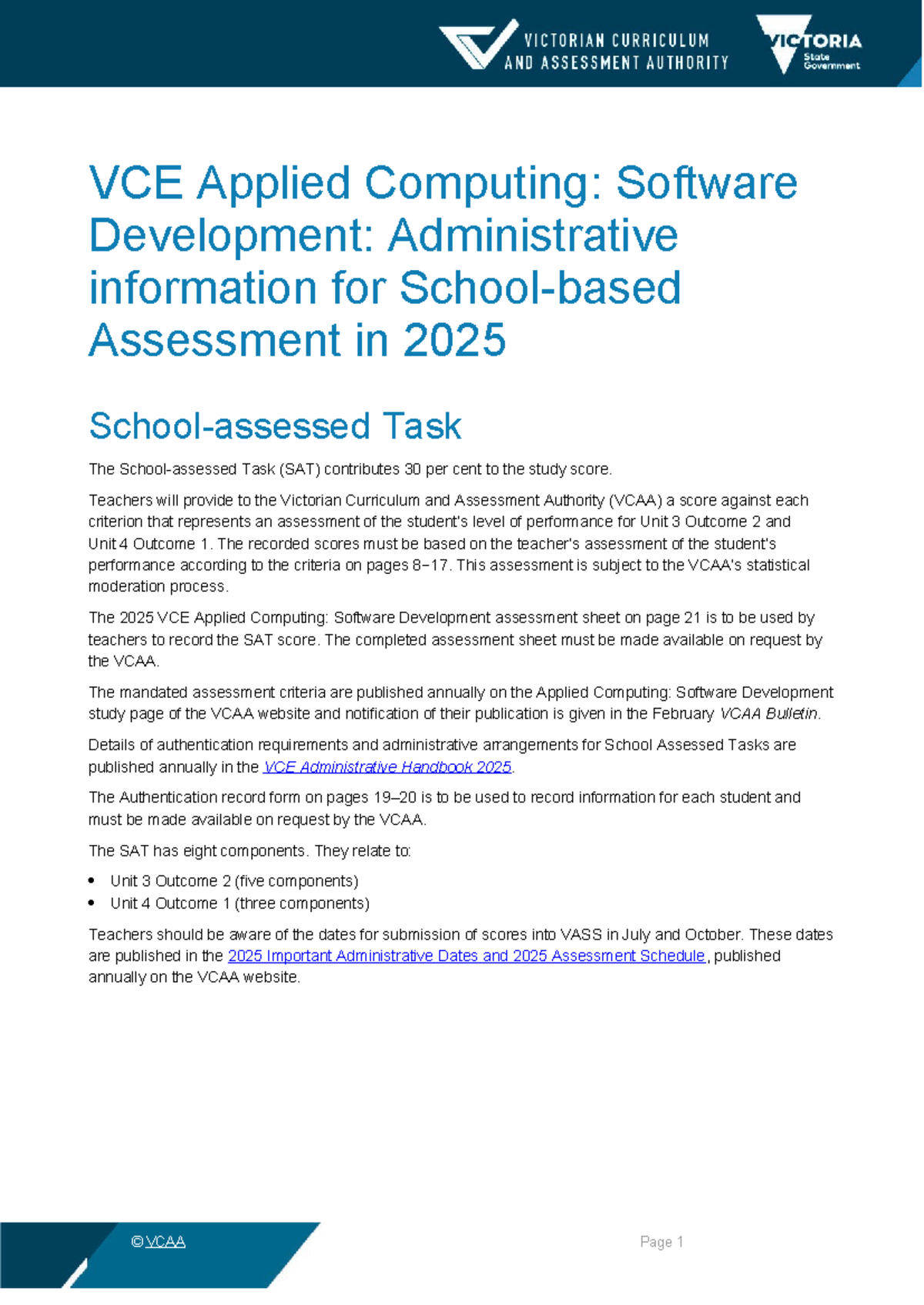 VCE Applied Computing: Software Development SAT Admin Info 2025 - Studocu