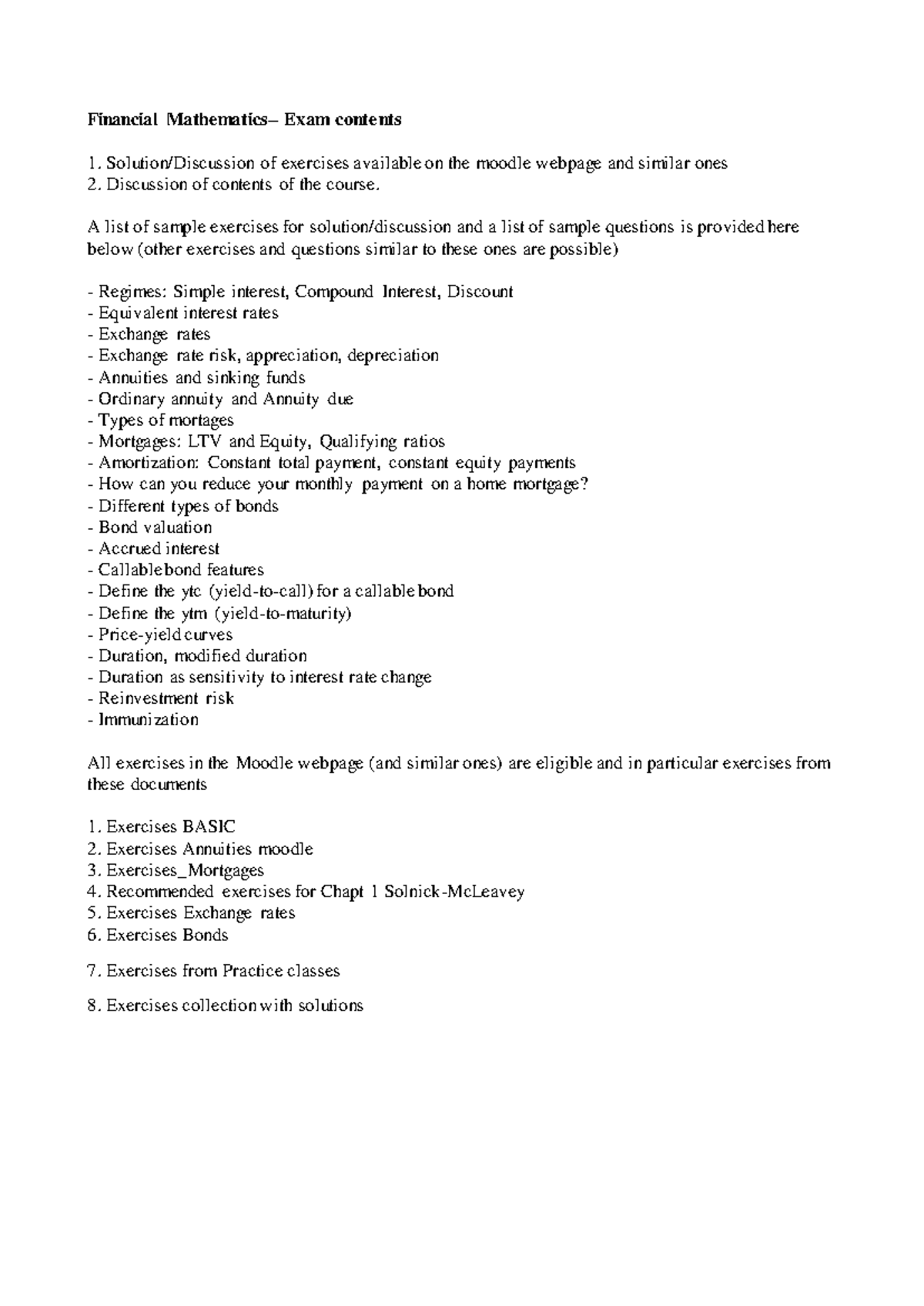 Financial Mathematics Exam Contents for preparation - Financial ...