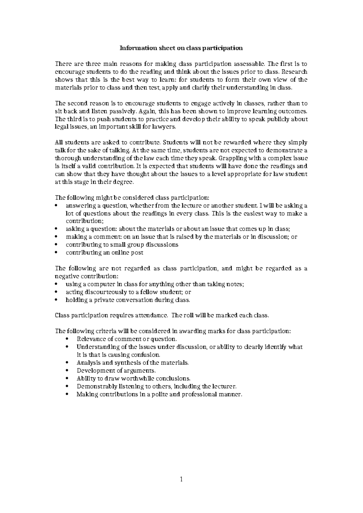 Class Participation Handout - Information sheet on class participation ...