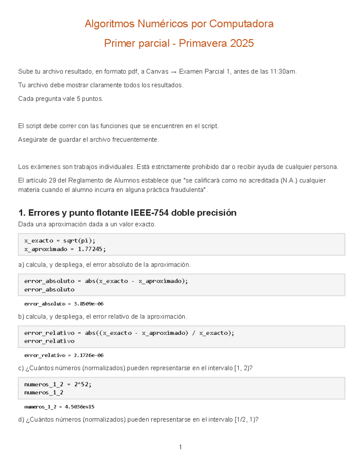 Examen Parcial 1 Algoritmos Numéricos 2501 - Primavera 2025 - Studocu