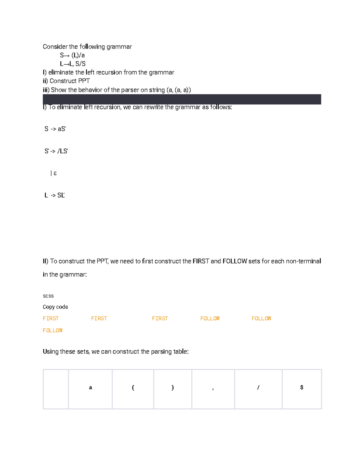 Compiler Design Consider The Following Grammar S→ La L→l Ss I