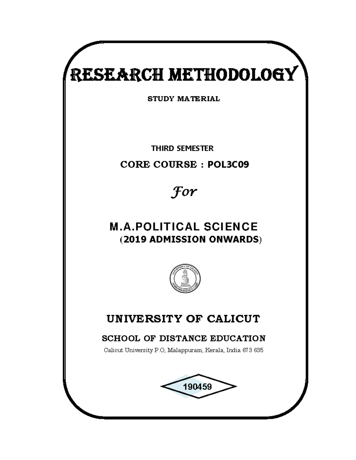 Research methodology - RESEARCH METHODOLOGY ####### STUDY MATERIAL For M .A T I CAL SCI EN CE ...