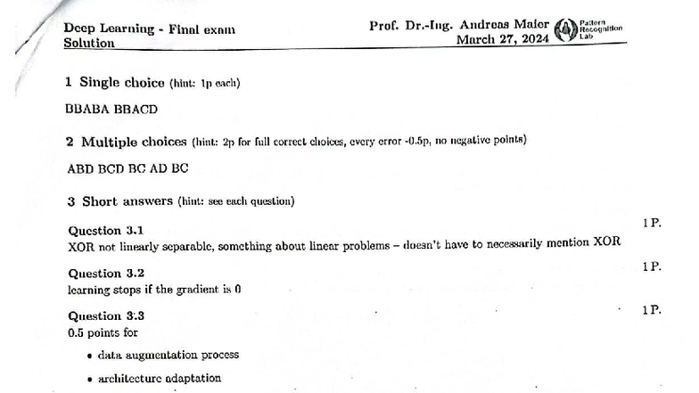 CS 25 Deep Learning Final Exam Solutions - Prof. Andreas Maier - Studocu