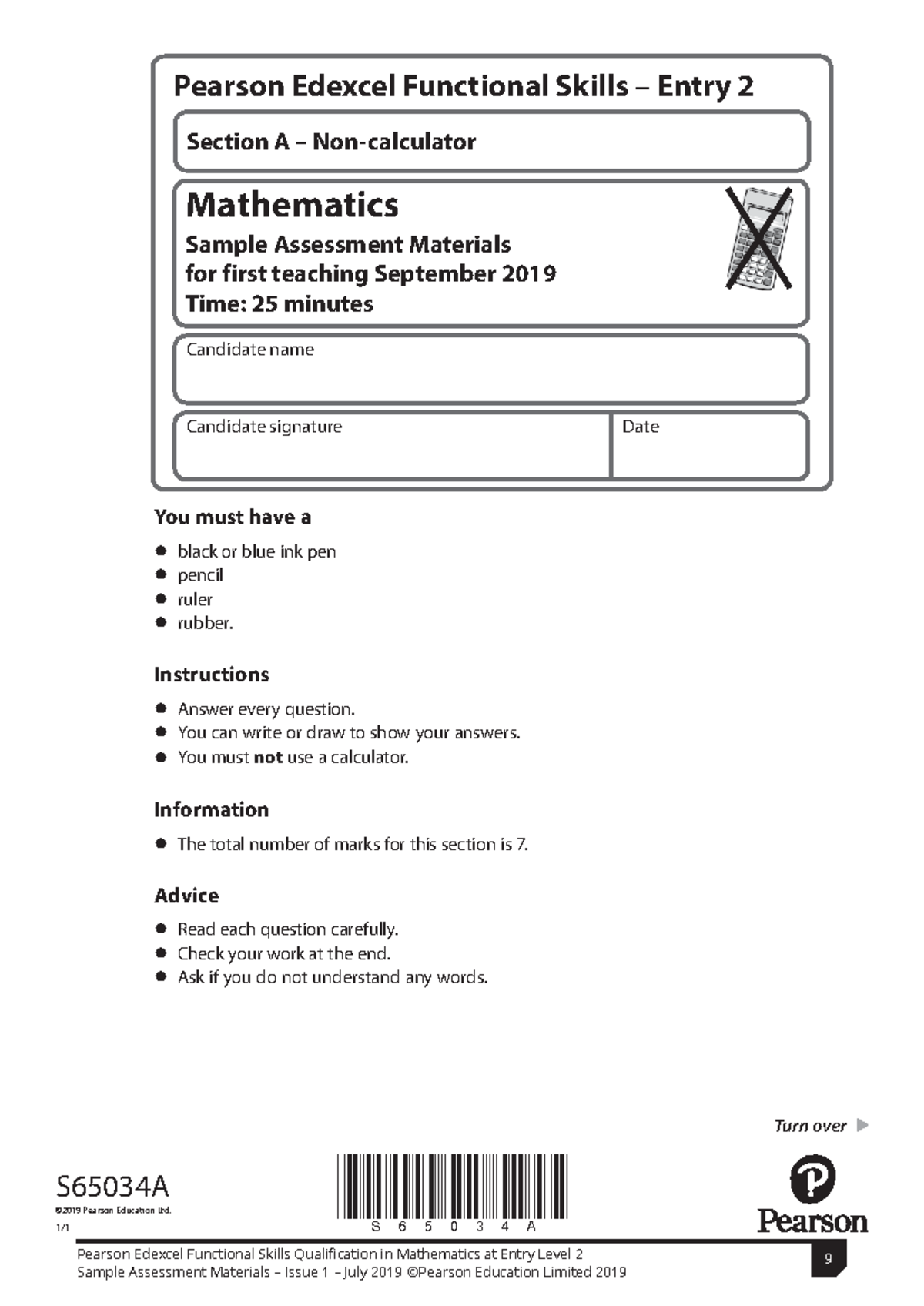 Edexcel FSM EL2 Sample Assessment Materials - Non-Calculator ...