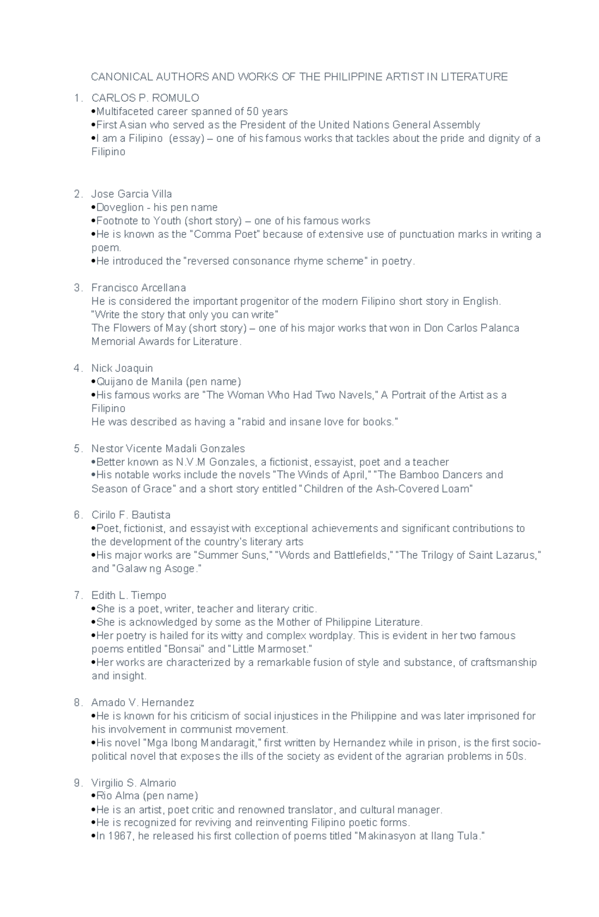 Canonical Authors & Their Works in Philippine Literature (ART103) - Studocu