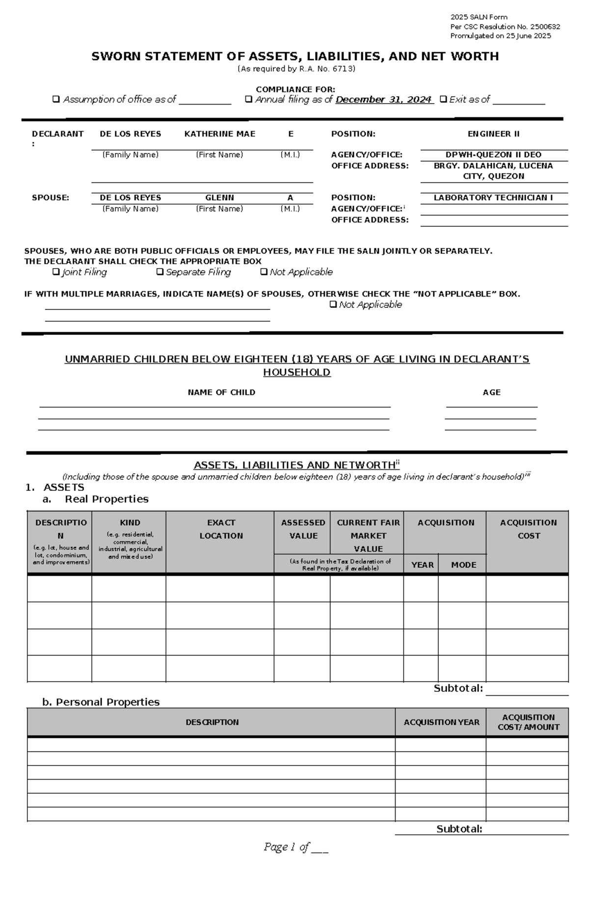 2025 SALN Form Compliance: Assets, Liabilities & Net Worth - Studocu