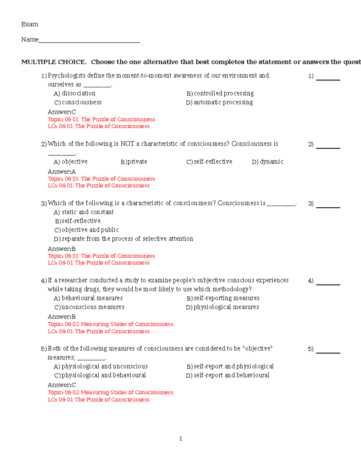Psych 104 Chapter 6 MCQ Review: Consciousness and Sleep Stages - Studocu