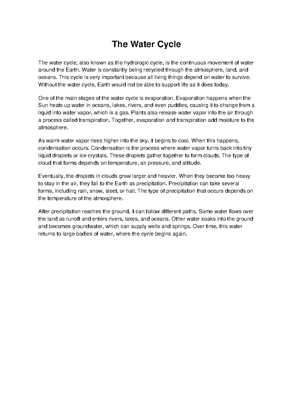 Water Cycle Report: Understanding the Hydrologic Cycle - Studocu