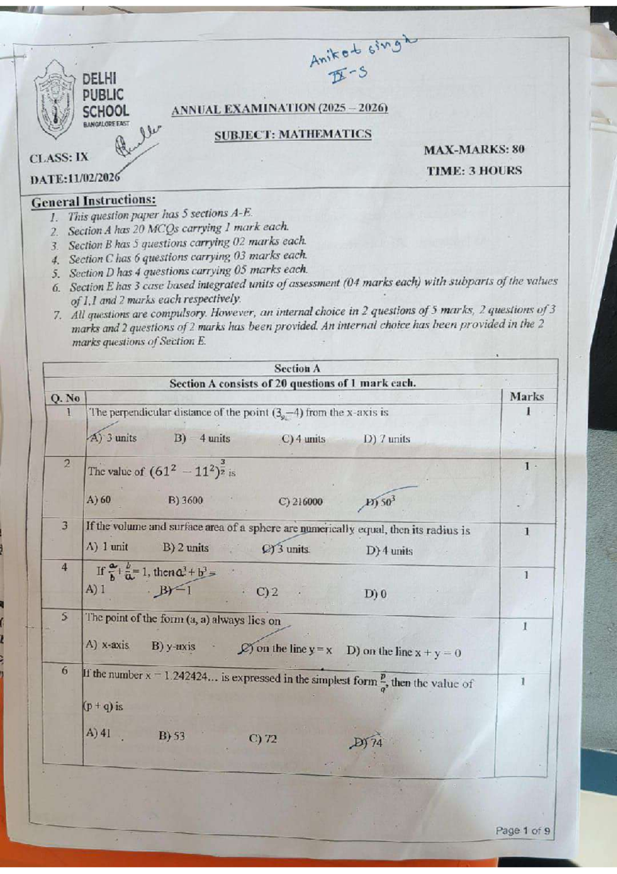 Mathematics Class IX Annual Exam Paper (2025-26) - DPS Bangalore East ...