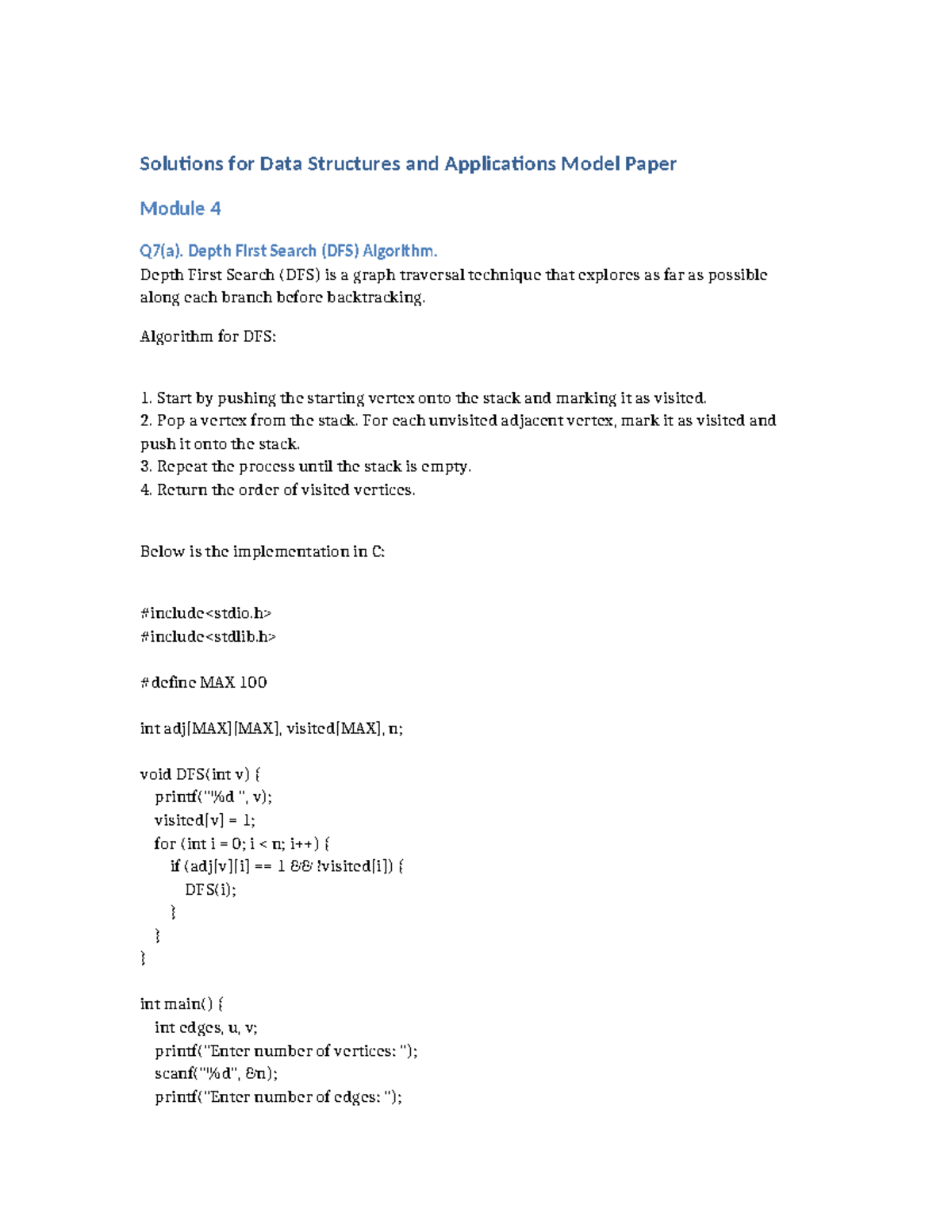 Module 4 Solutions: DFS, Binary Tree & Forest to Binary Tree - Studocu