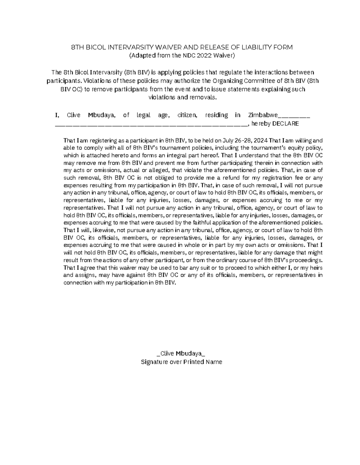 8TH BIV Waiver & Release of Liability Form for Participants - Studocu