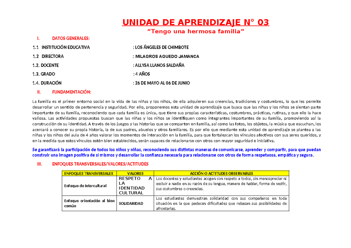 Unidad de Aprendizaje 03: La Familia en el Aula de 4 Años - Studocu