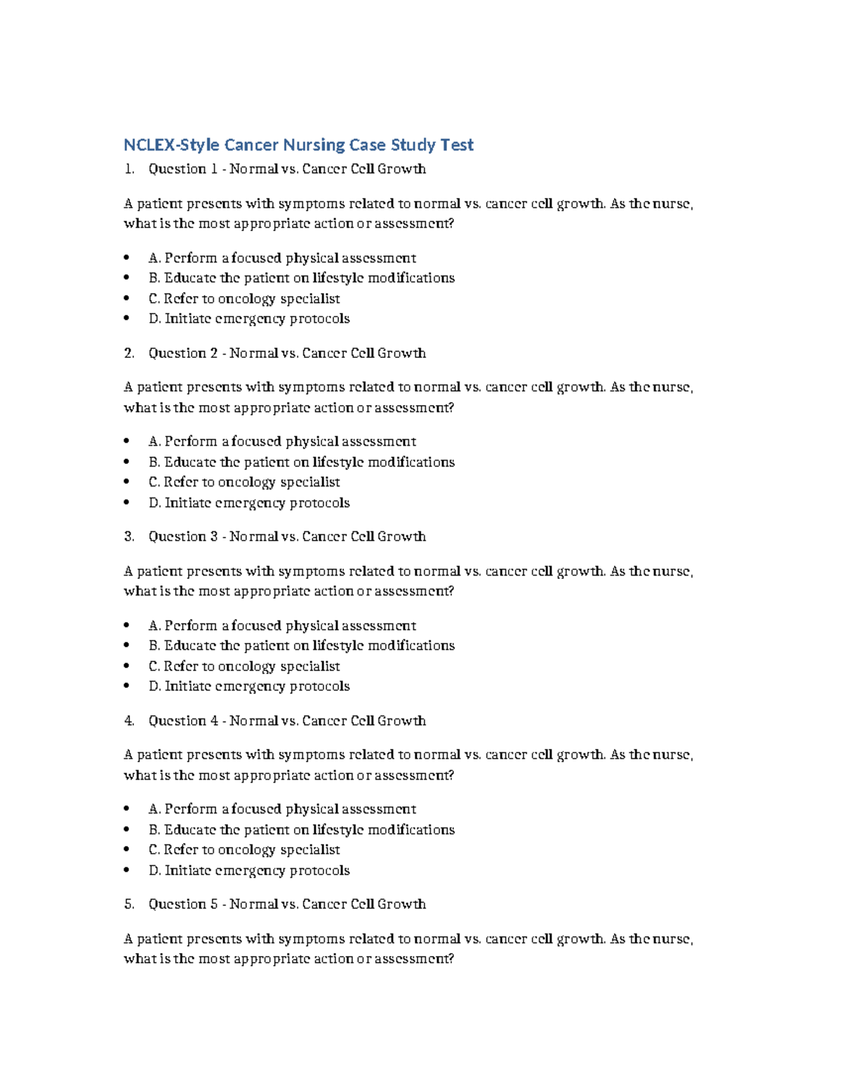 NCLEX Cancer Nursing Case Study Test 1: Assessment & Management - Studocu