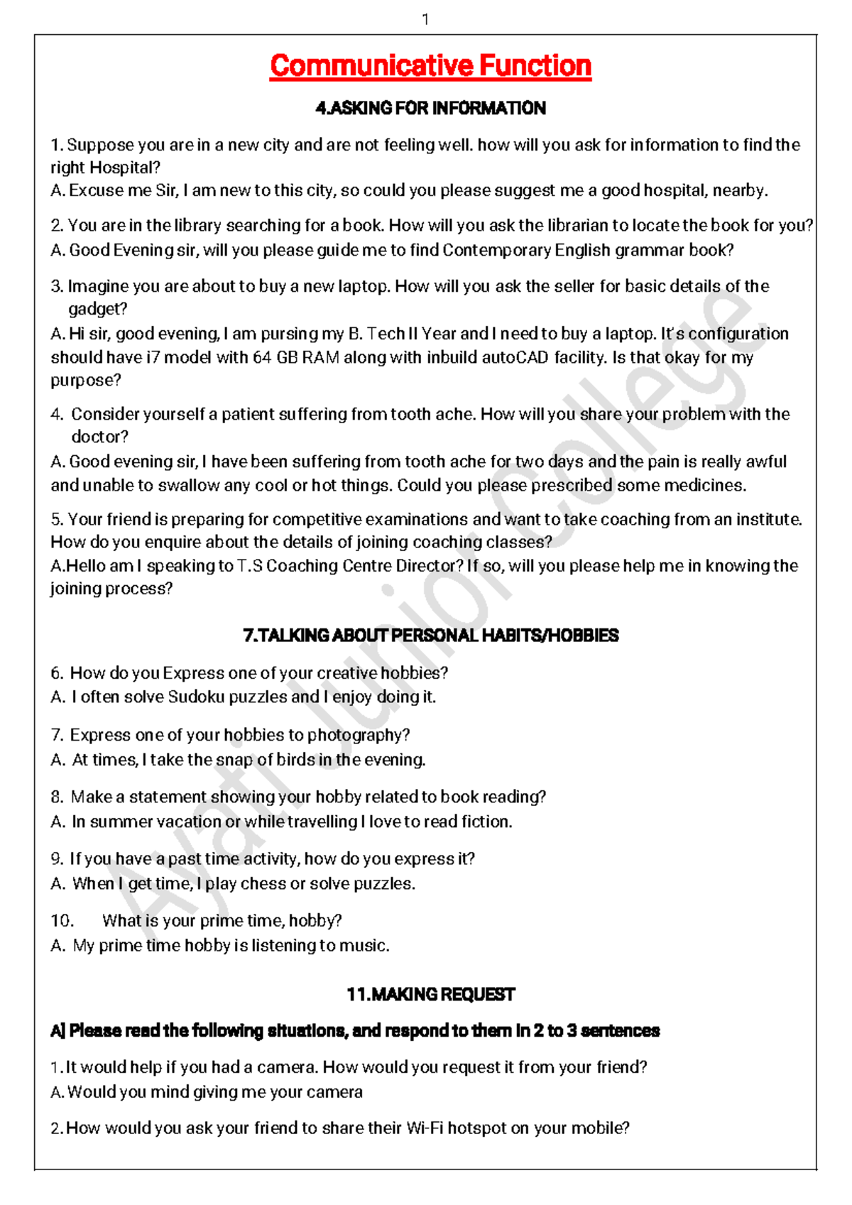 1st Year English Practical Record: Communicative Functions & Role Plays ...