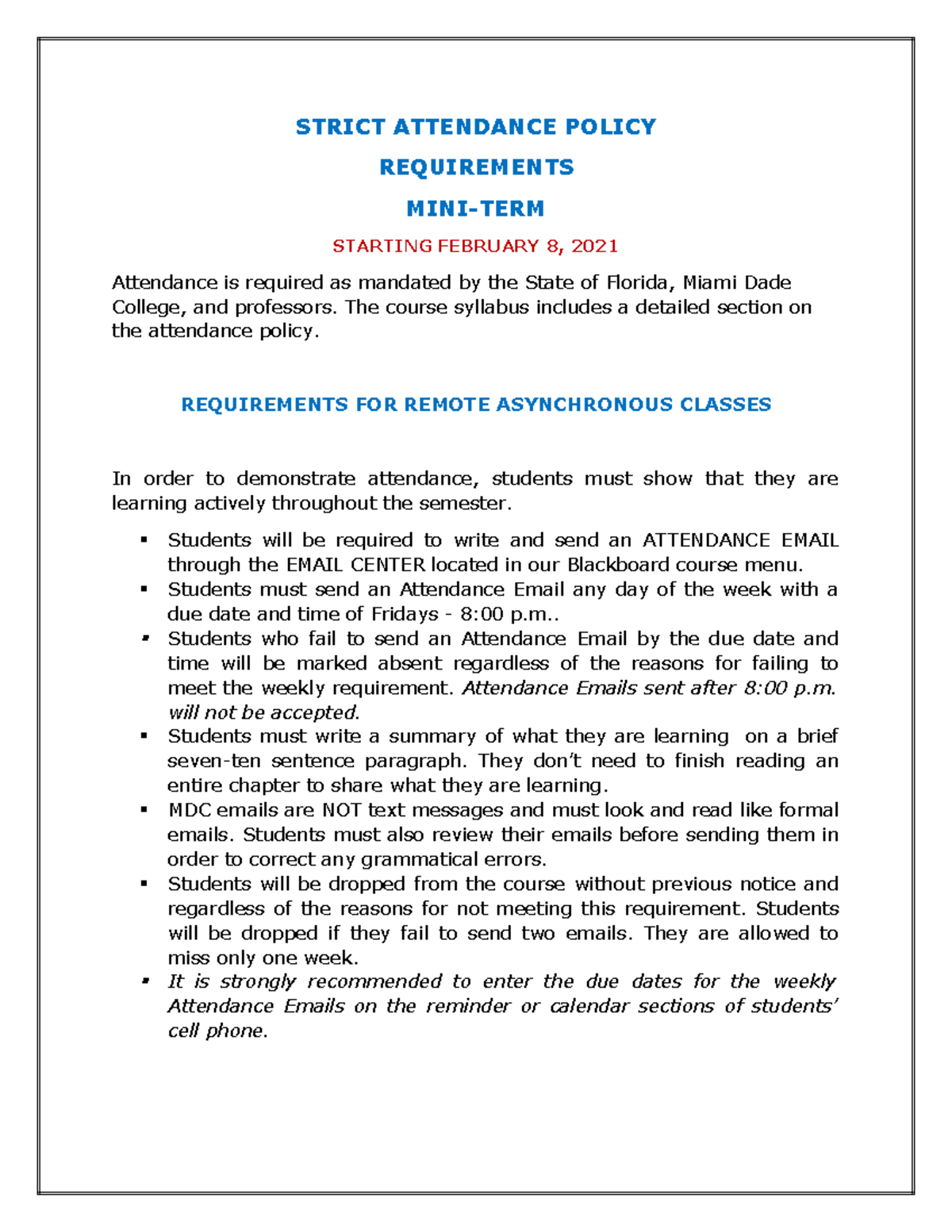 MDC Attendance Policy for Remote Asynchronous Classes (Feb 2021) - Studocu