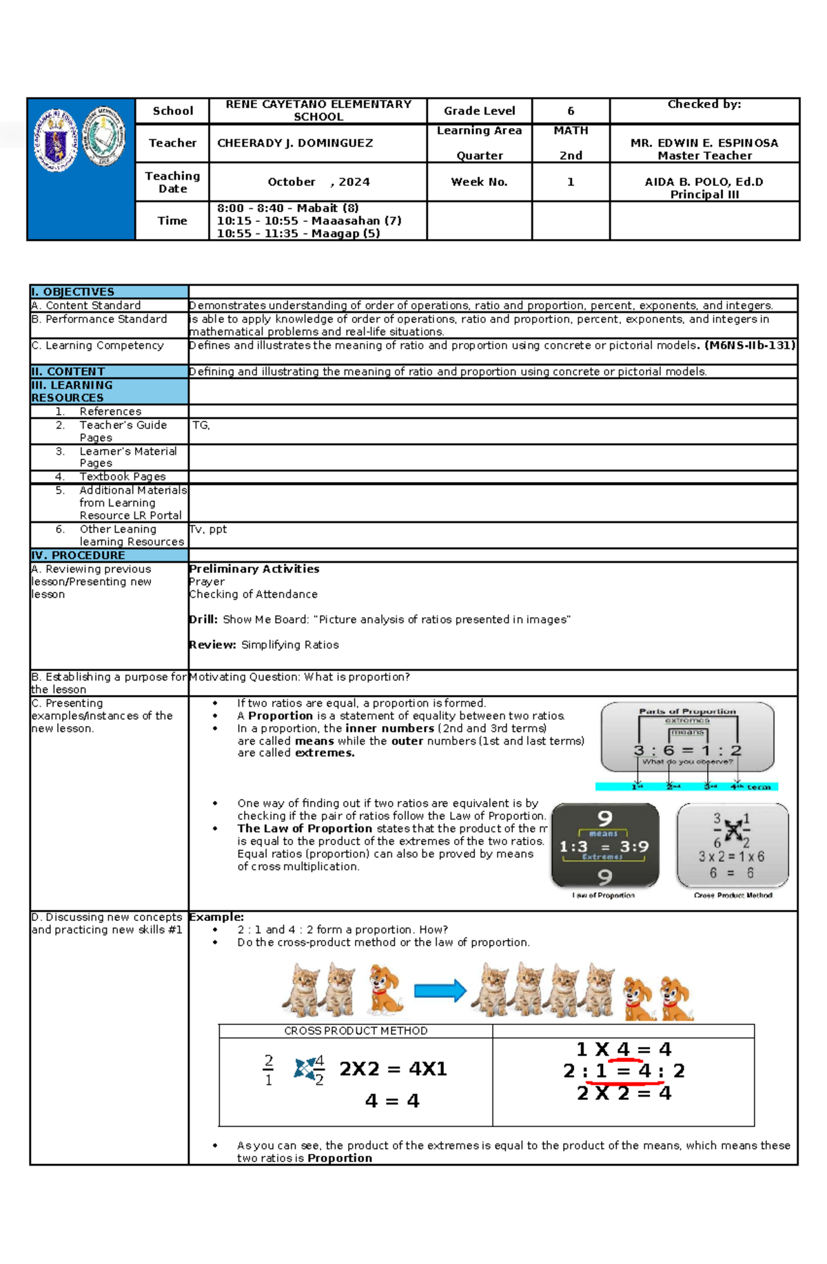 Math 6 Q2 D2: Understanding Ratios and Proportions Lesson Plan - Studocu