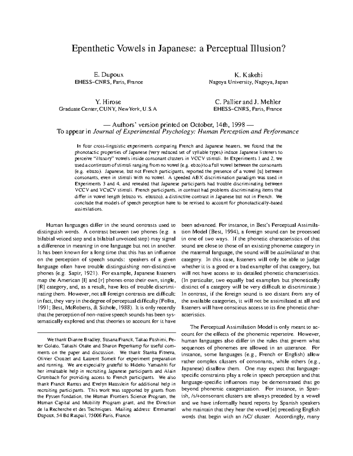 Epenthetic Vowels in Japanese vs. French: A Perceptual Study ...