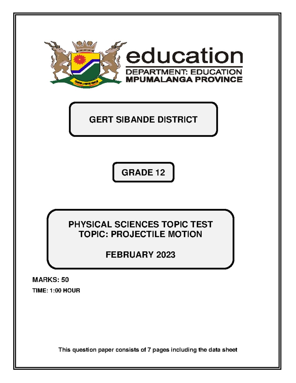 Grade 12 Physical Sciences Topic Test: Projectile Motion (VPM 2023 ...