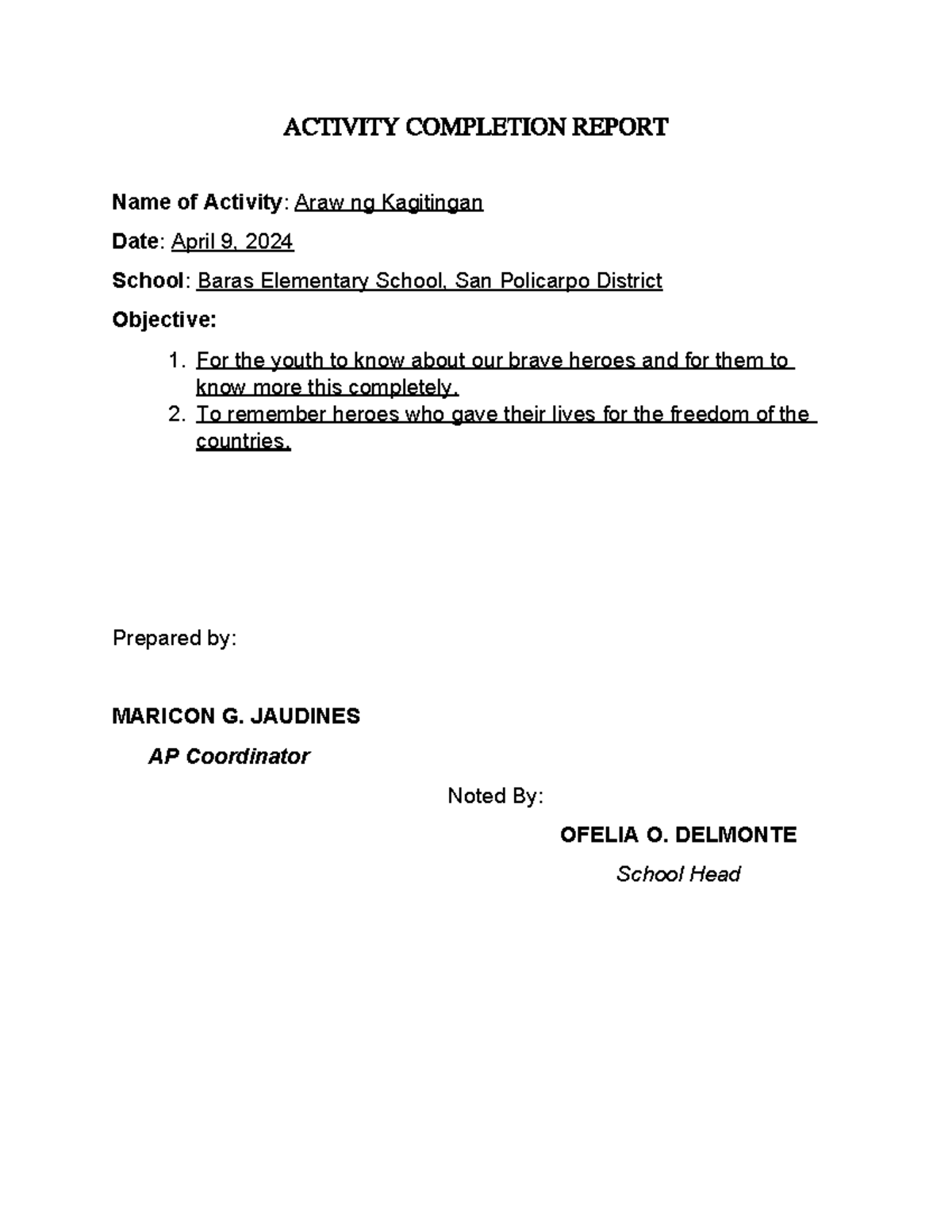 Baras ES ACR ARAW NG Kagitingan - Education - ACTIVITY COMPLETION ...