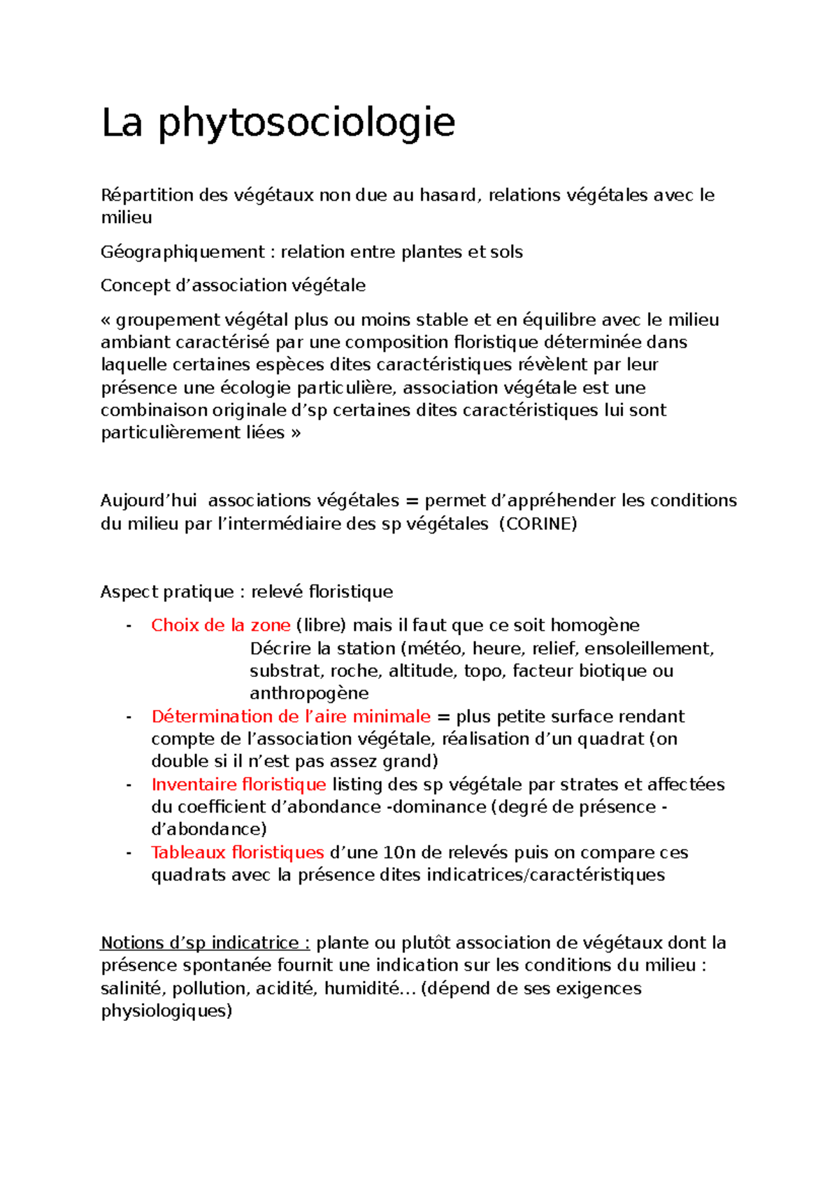 CM - Cours sur la Phytosociologie et Relations Végétales - Studocu