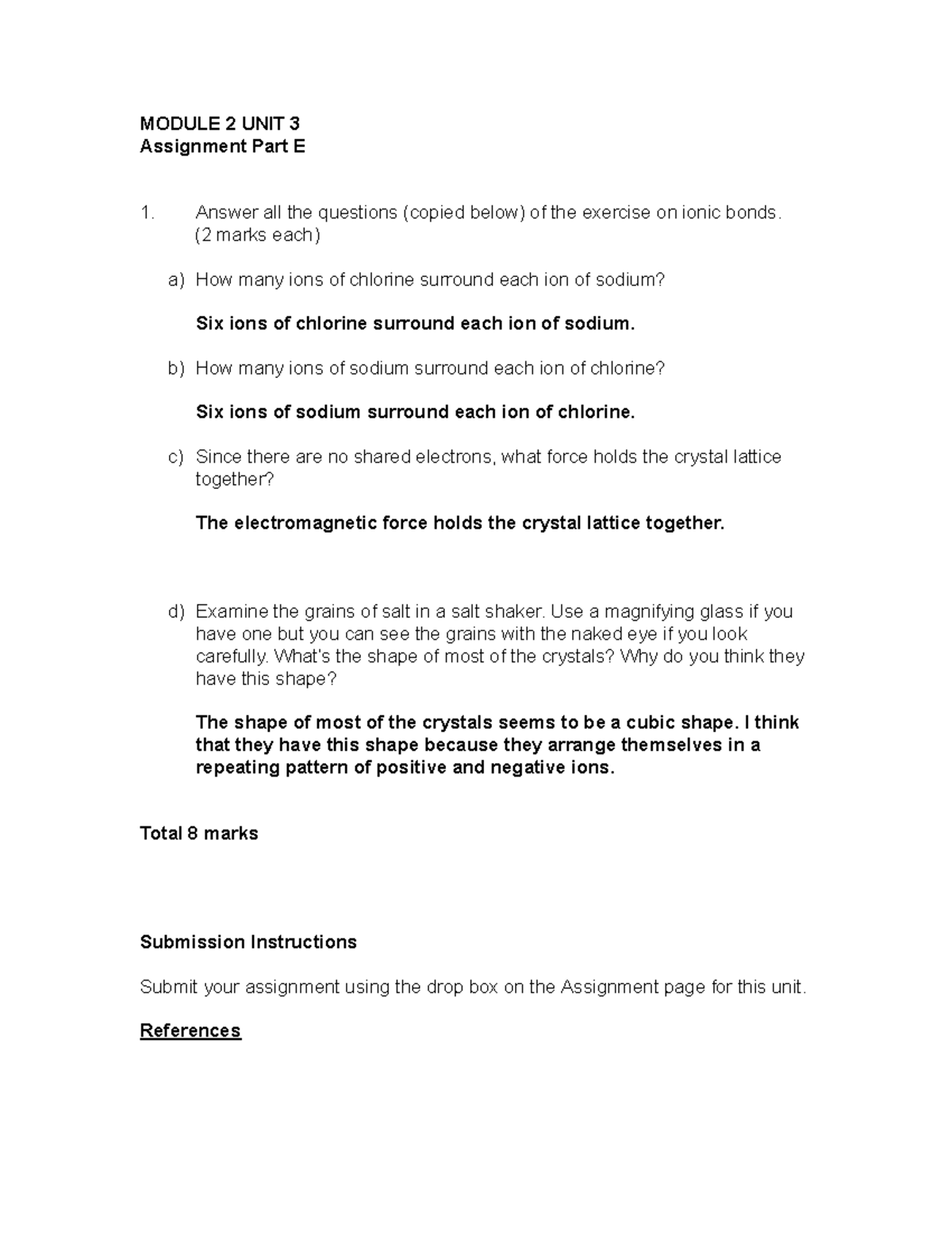 Module 2 Unit 3 Assignment E: Ionic Bonds Exercise Responses - Studocu
