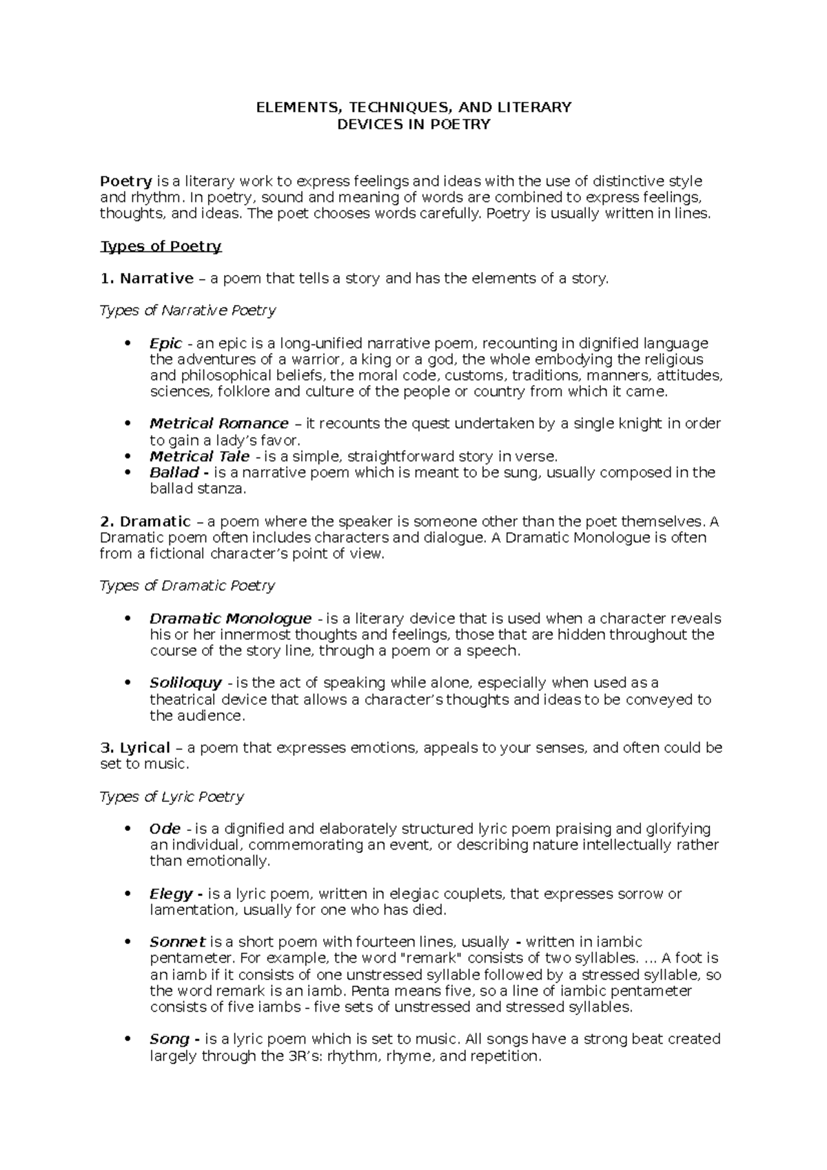 Elements and Techniques of Poetry: A Study Guide for Grade 11 - Studocu