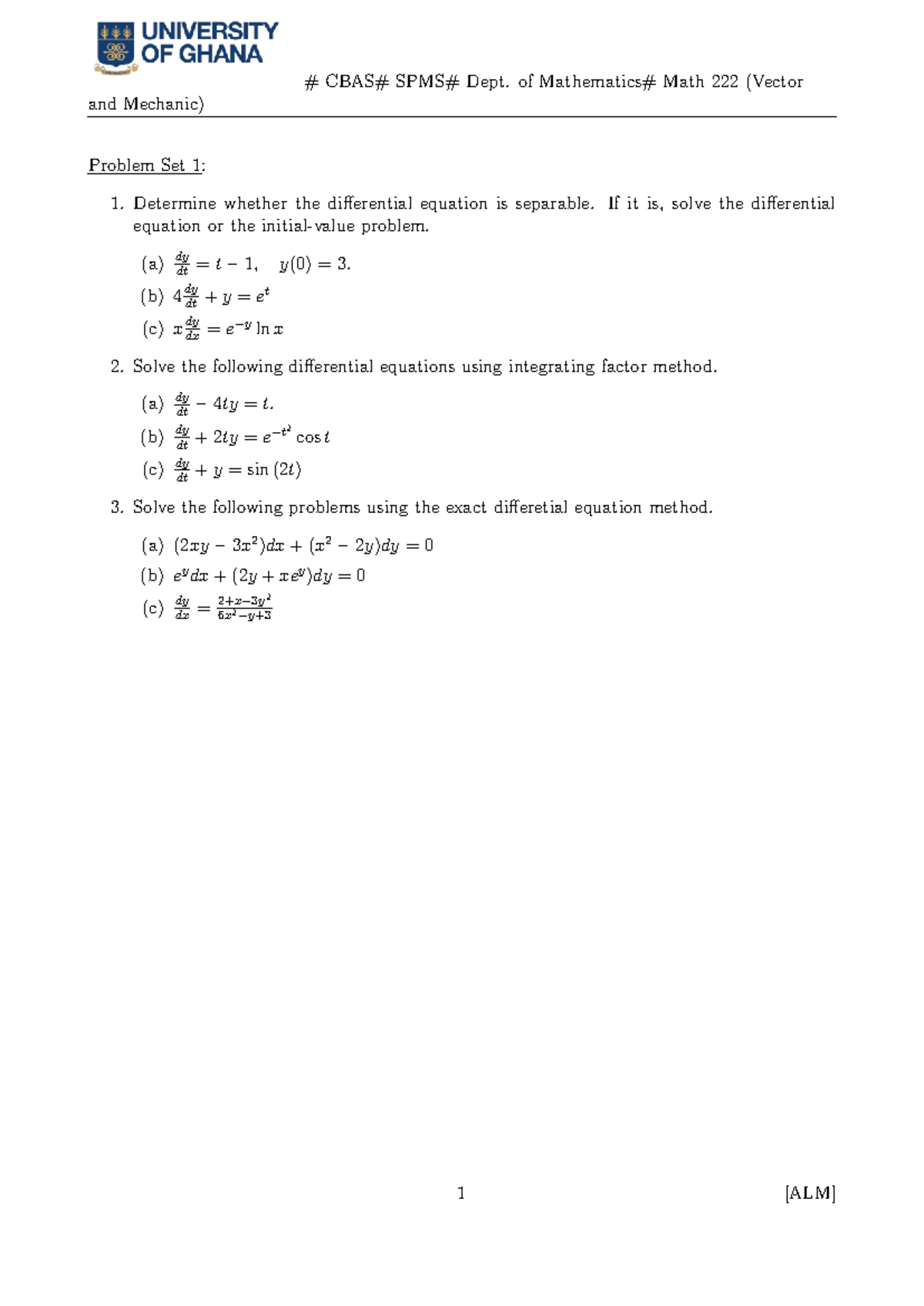 Math Dept. (Vector & Mechanics) Problem Set 1: Differential Equations ...