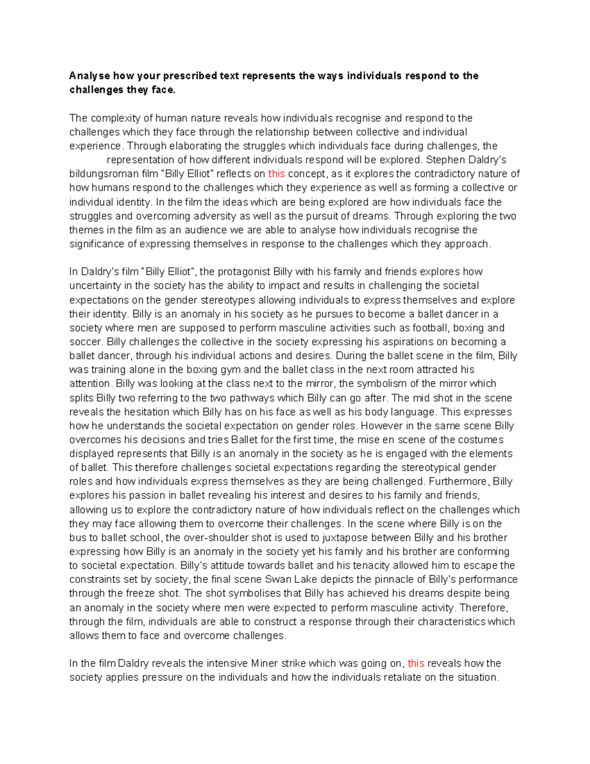 Billy Elliot Essay #2 - Analyse how your prescribed text represents the ...