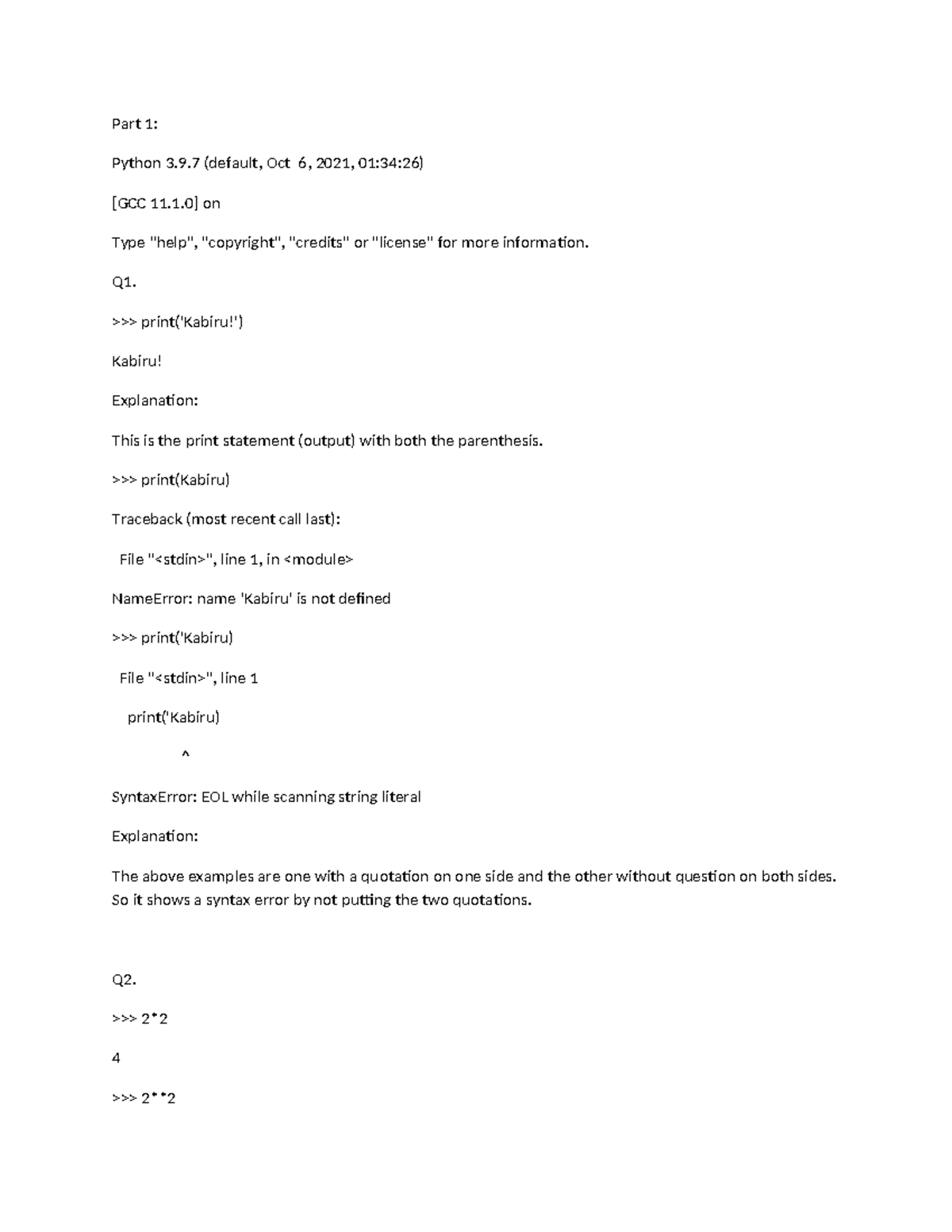 Programming Fundamental Assignment 1 - Part 1: Python 3.9 (default, Oct ...