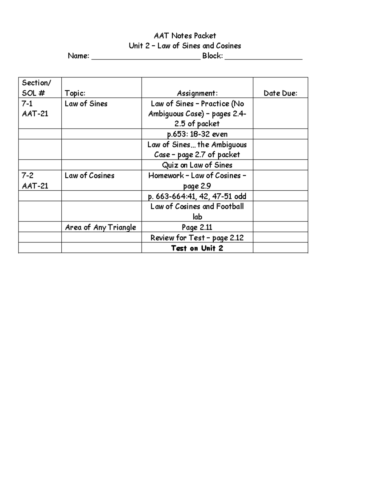 Unit 2 AAT Notes: Law of Sines & Cosines Overview - Studocu