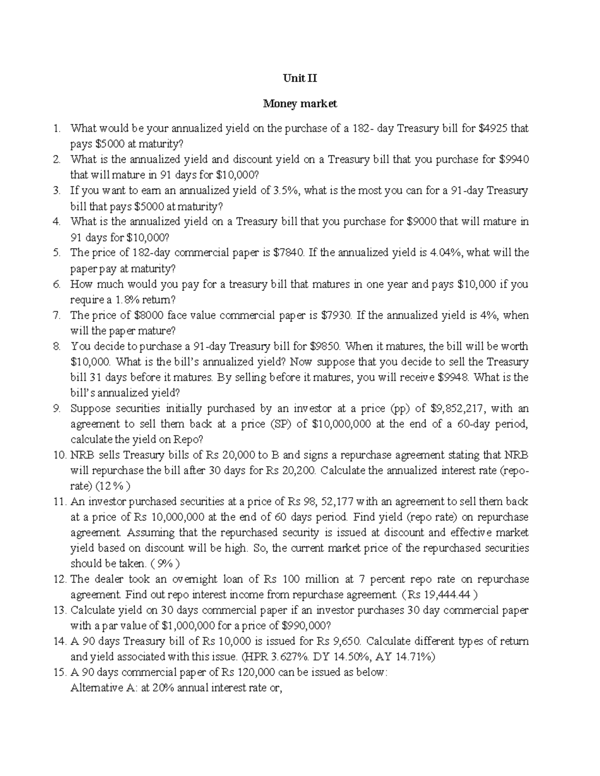 Unit II Money Market: Annualized Yield Calculations and Analysis - Studocu