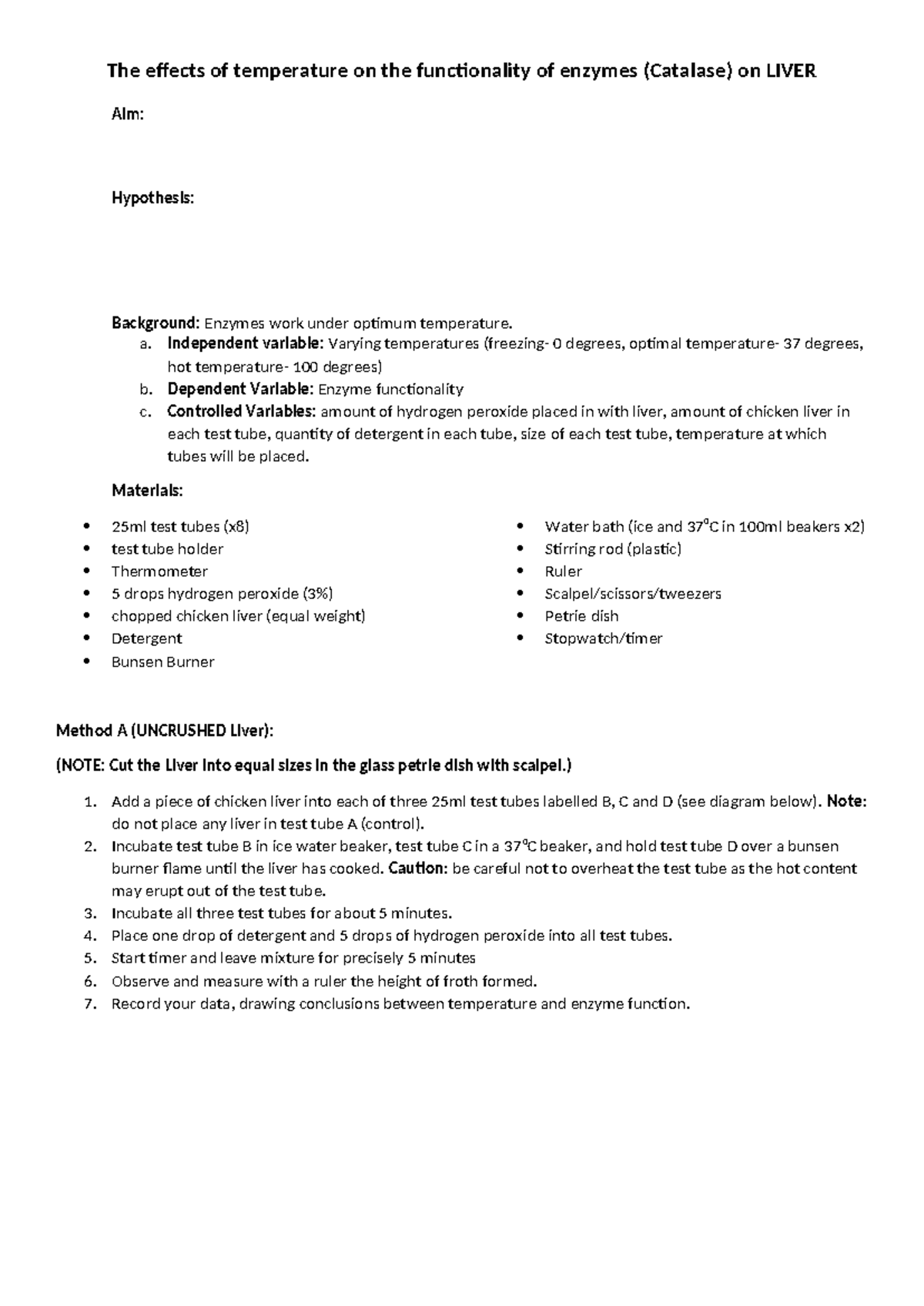 Effects of Temperature on Enzyme Functionality (Catalase) - Y9 - Studocu