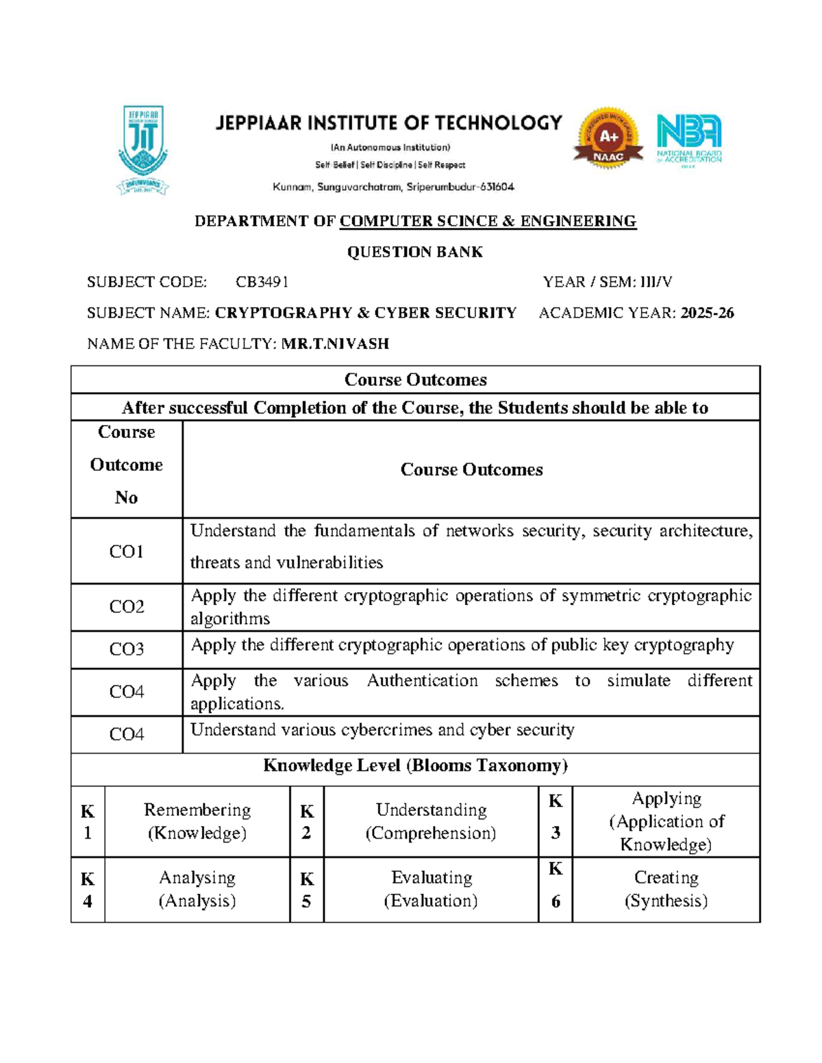 CB3491 Cryptography & Cyber Security - Question Bank - Studocu