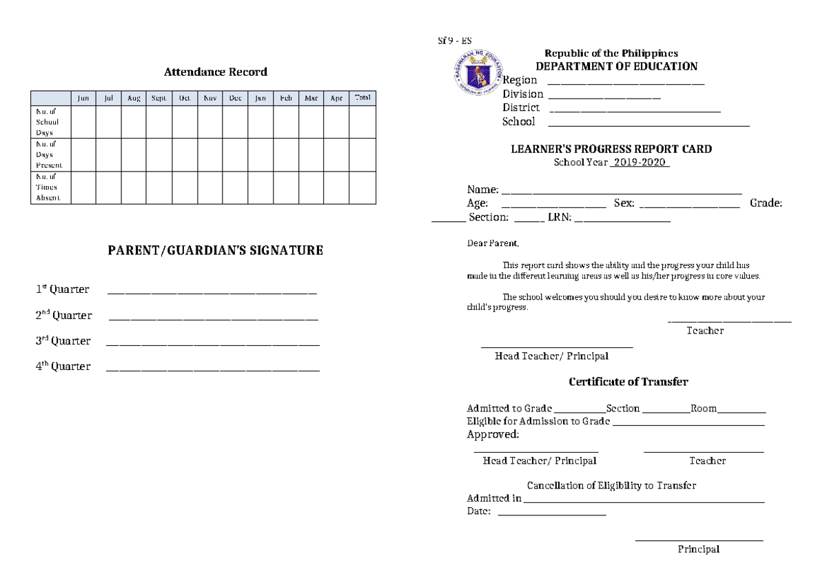 Sf 9 Es Learner S Progress Report Card For Sy 2019 2020 Studocu