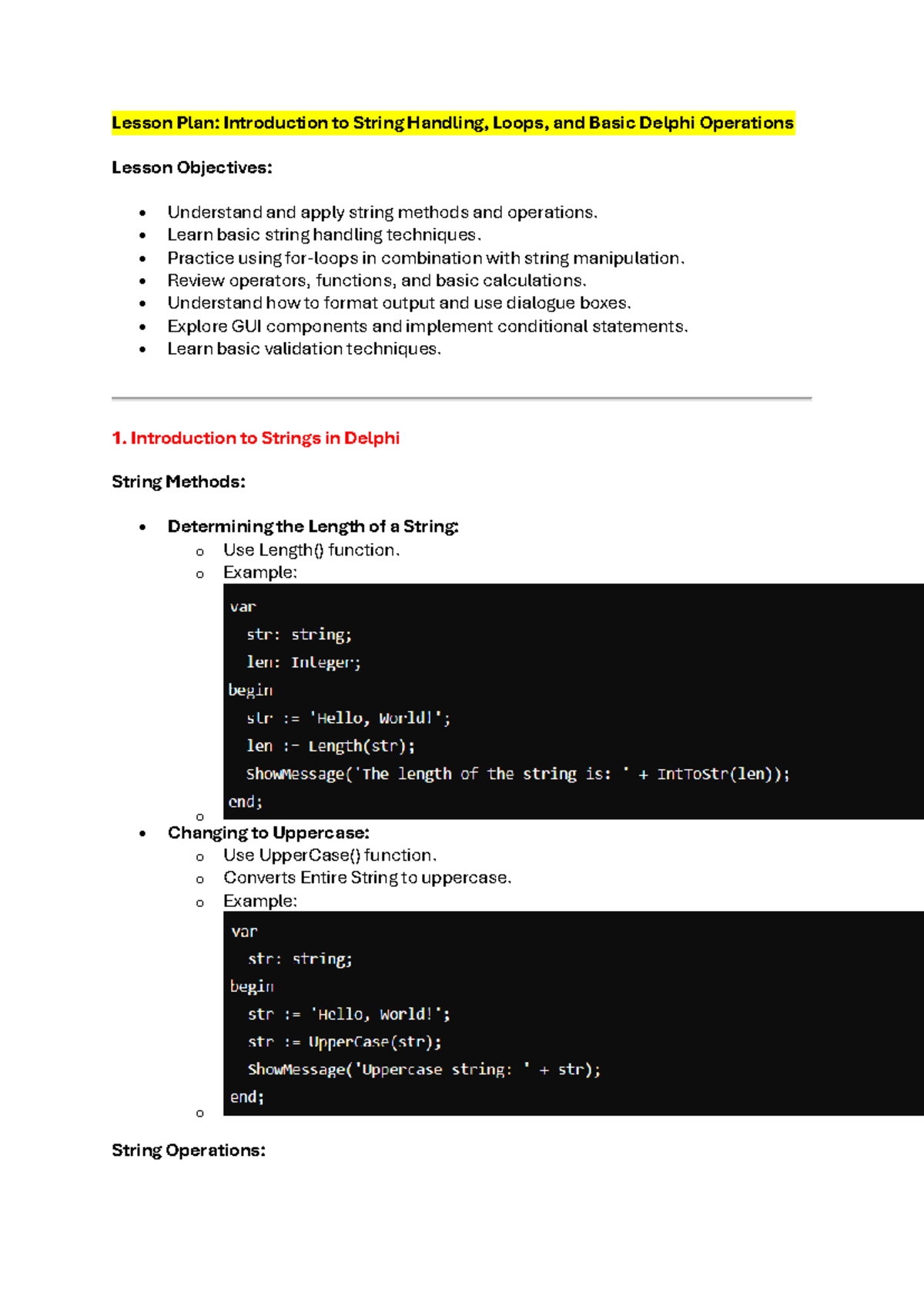 Grade 10 IT Lesson Plan: Intro to String Handling & Delphi Operations - Studocu